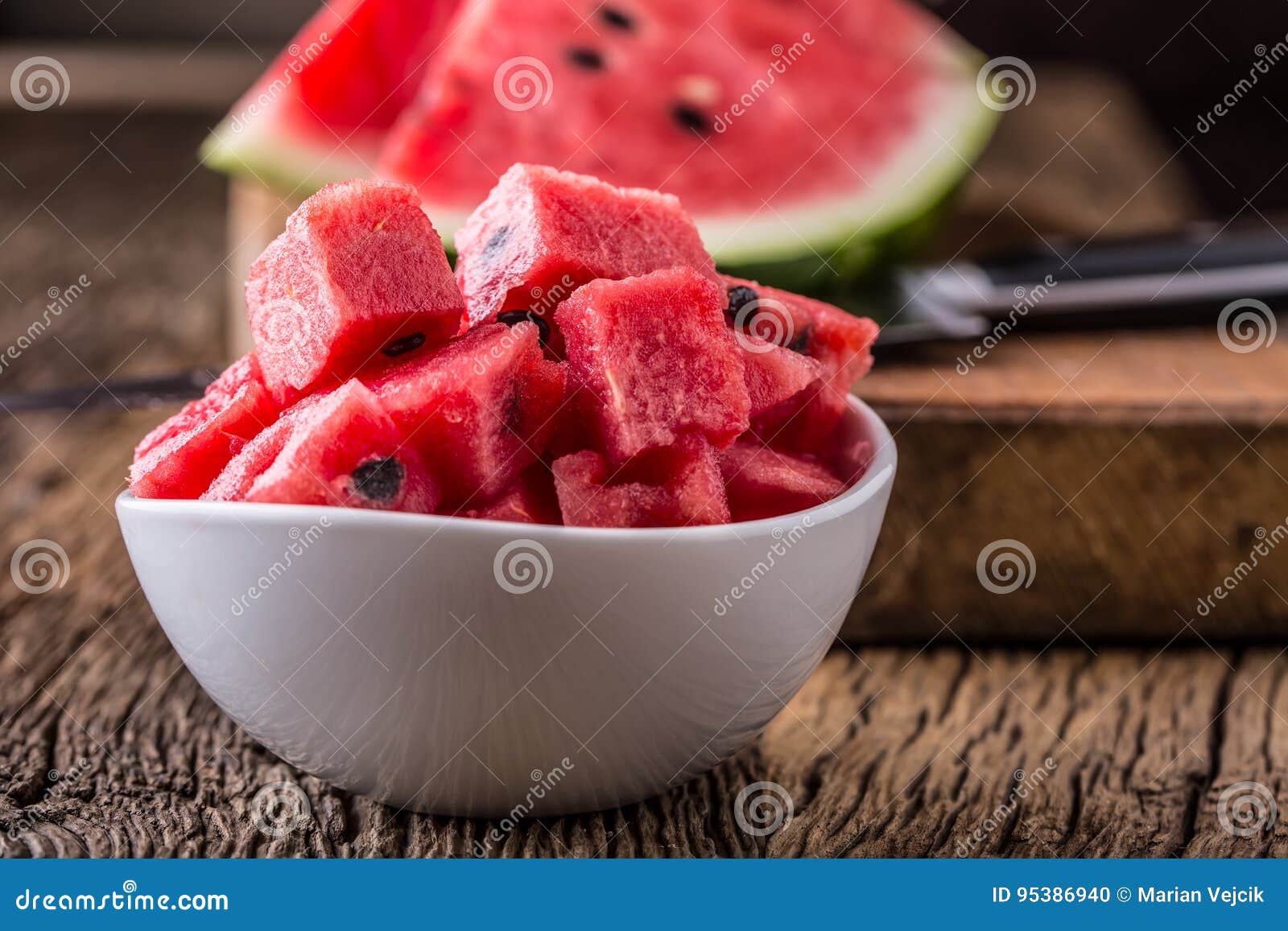 Watermelon. Water Melon Sliced in Bowl on Wooden Table Stock Photo ...