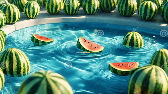 Watermelons Float in a Pool, AI Stock Photo - Image of colours, melon: 333813182
