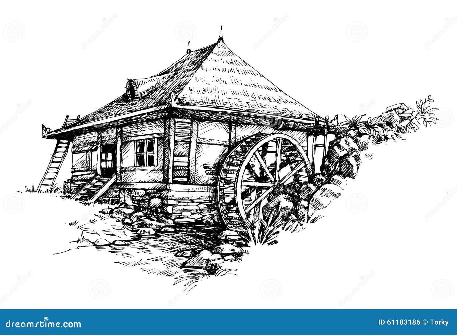 Watermill hand drawn stock vector. Illustration of countryside - 61183186