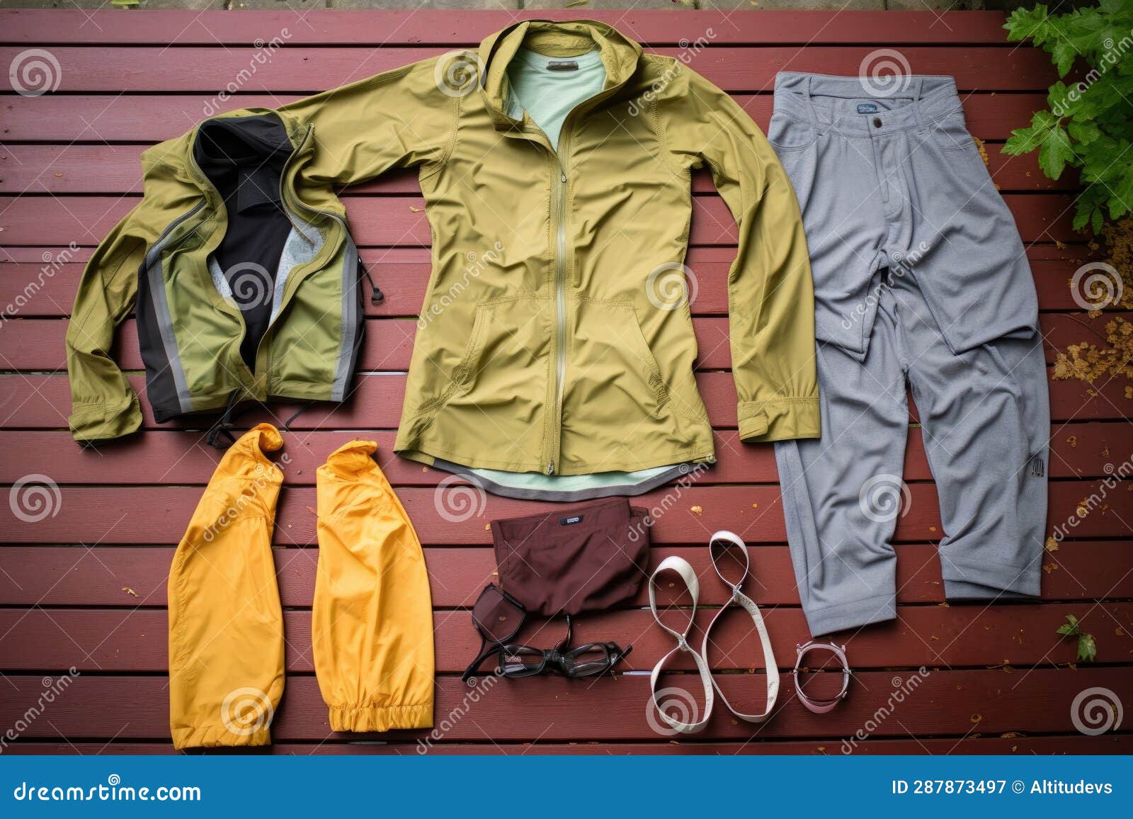 A Waterproof Jacket and Pants Laid Out for Packing Stock Illustration ...
