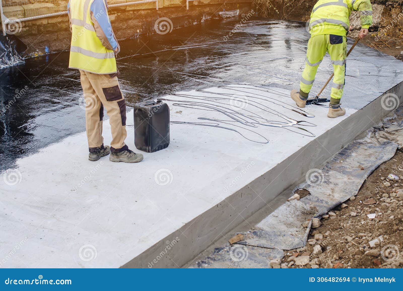 Waterproofing Coating. Builder Applying Waterproofing Bitumen Mastic on ...