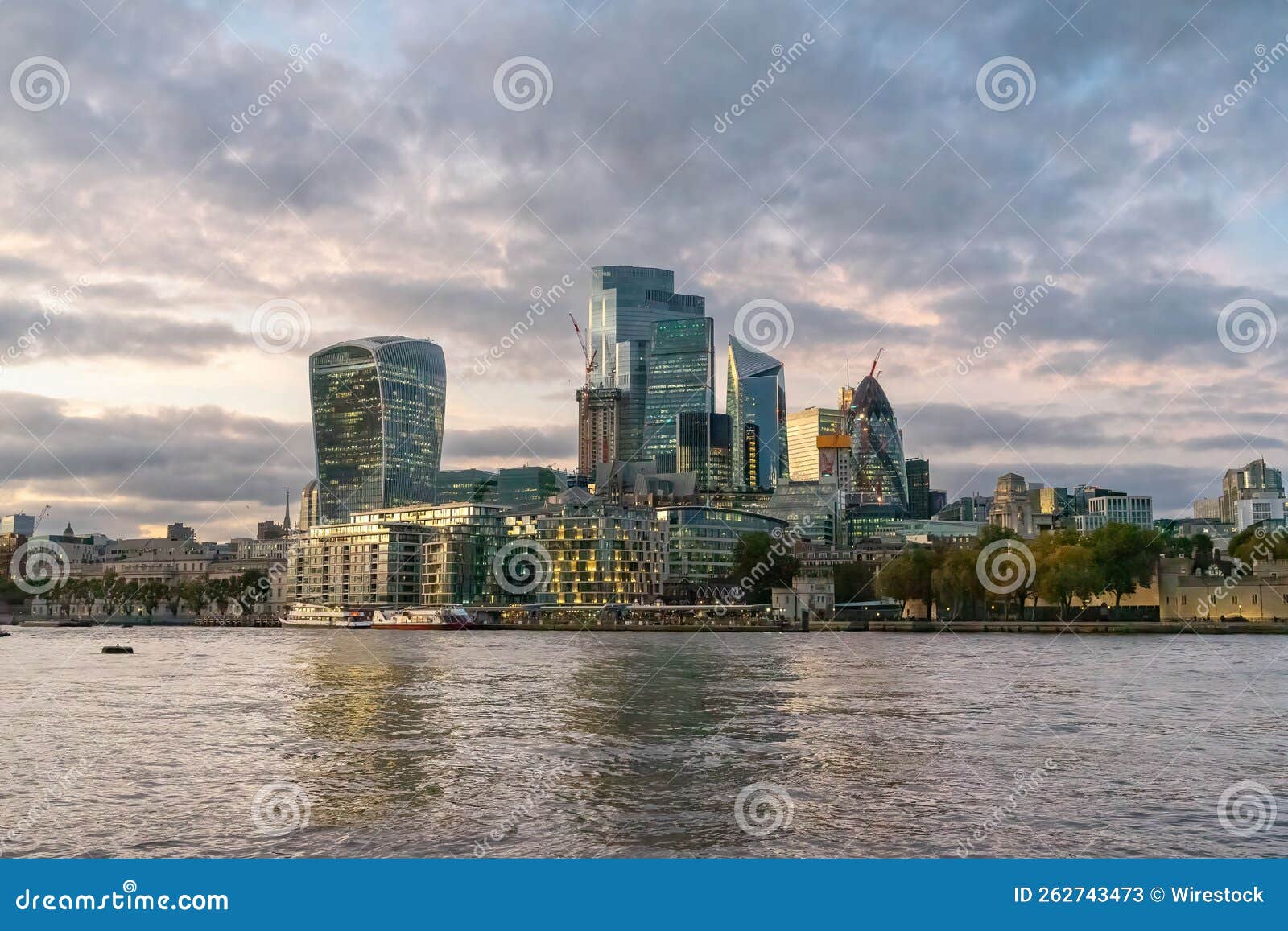 Waterside View of Modern Buildings in London Under the Cloudy Sky Stock ...
