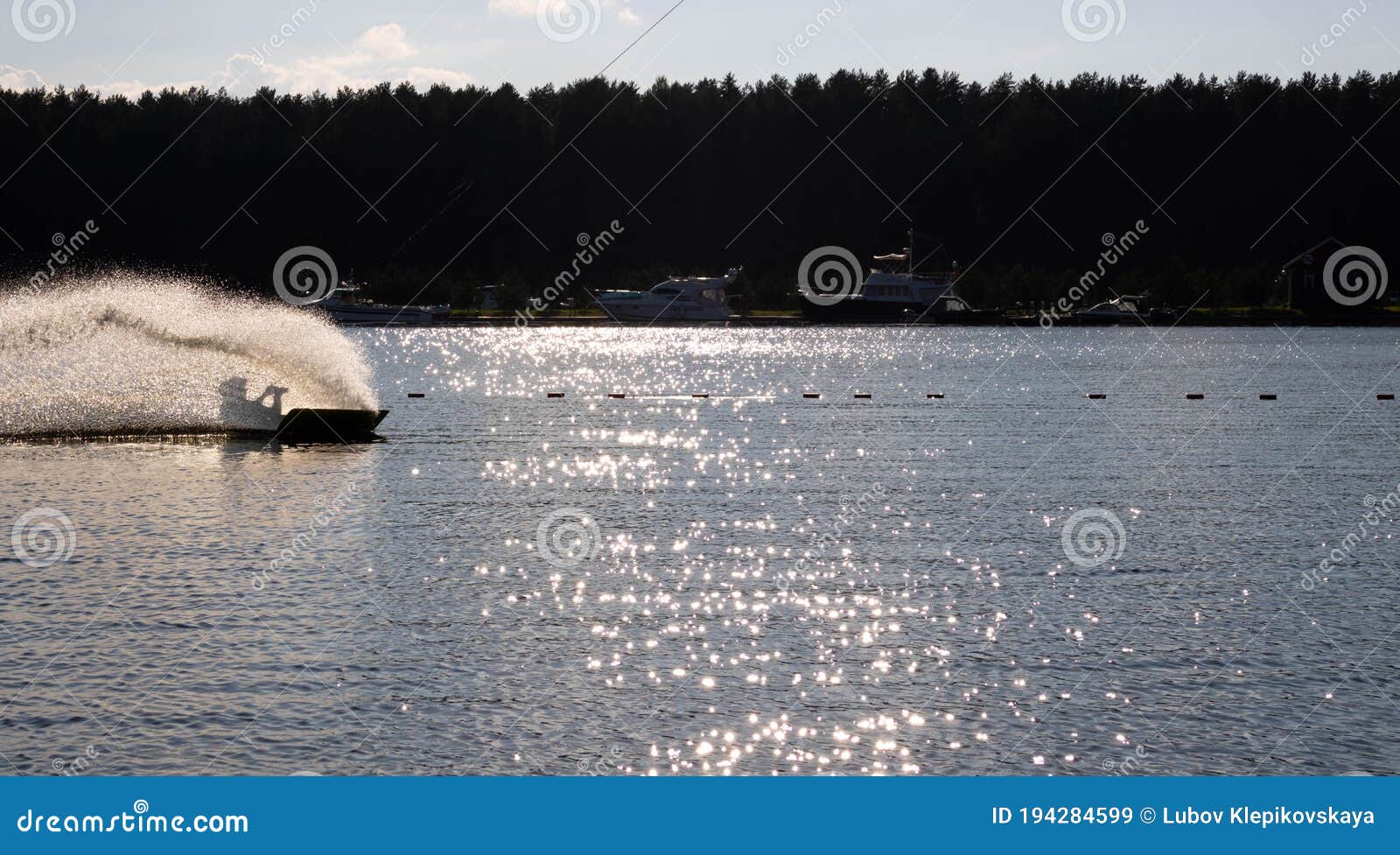 Waterskier Silhouette Moving Fast in Splashes of Water at Sunset Stock ...