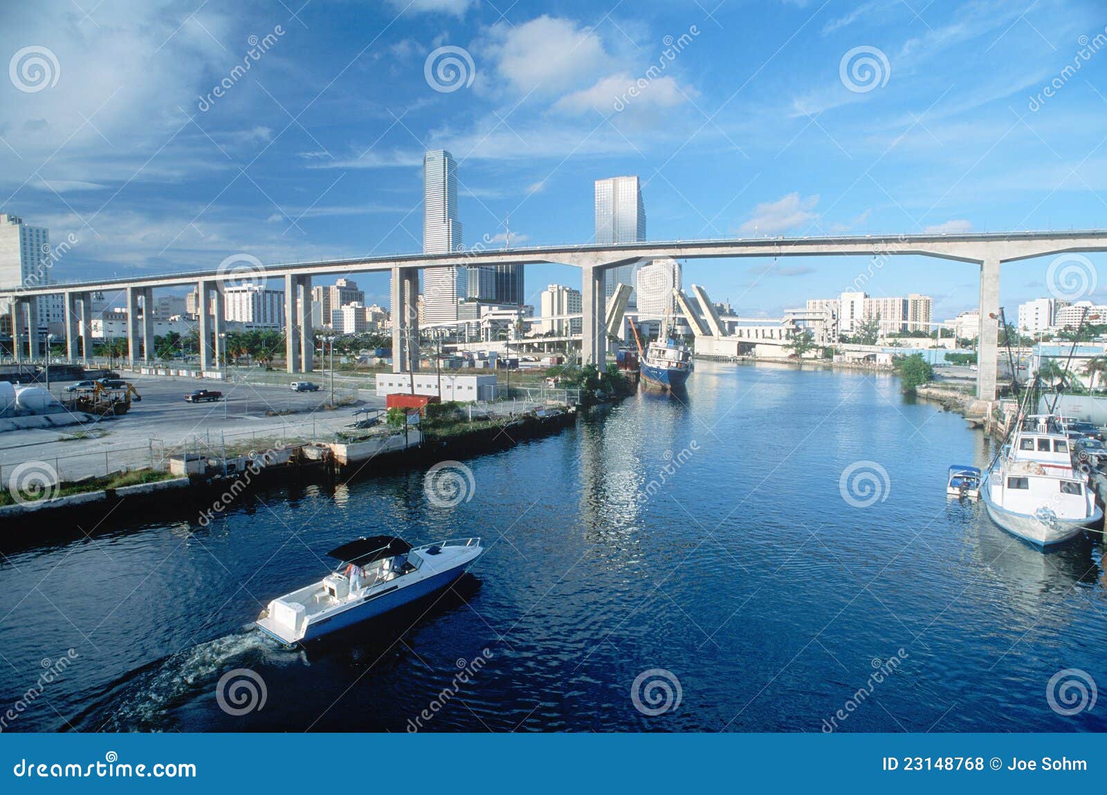Waterway with Miami, FL Skyline Editorial Stock Photo - Image of deep ...