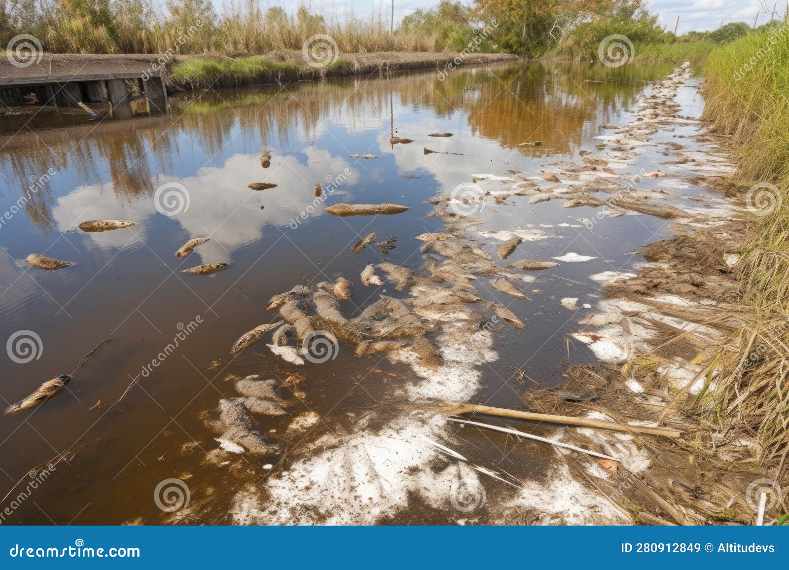 Waterway Polluted by Runoff from Agricultural Field, with Dead Fish on ...