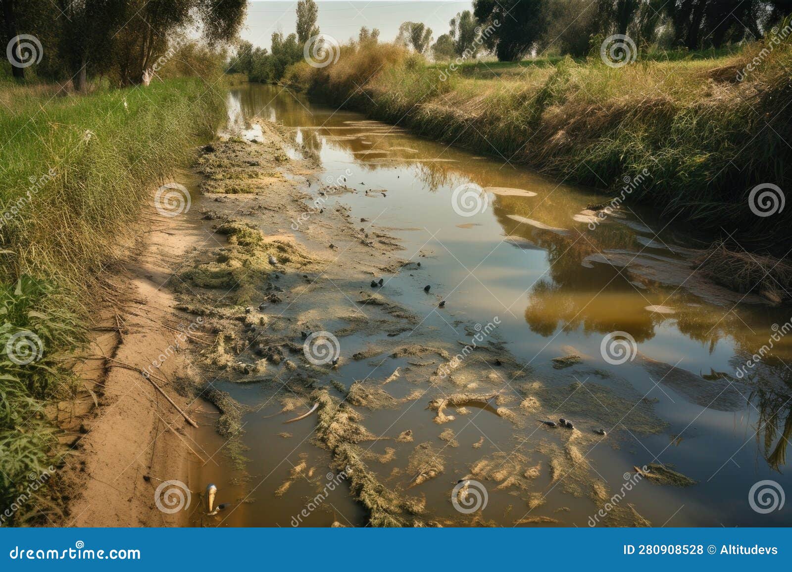 Waterway Polluted by Runoff from Agricultural Field, with Dead Fish on ...