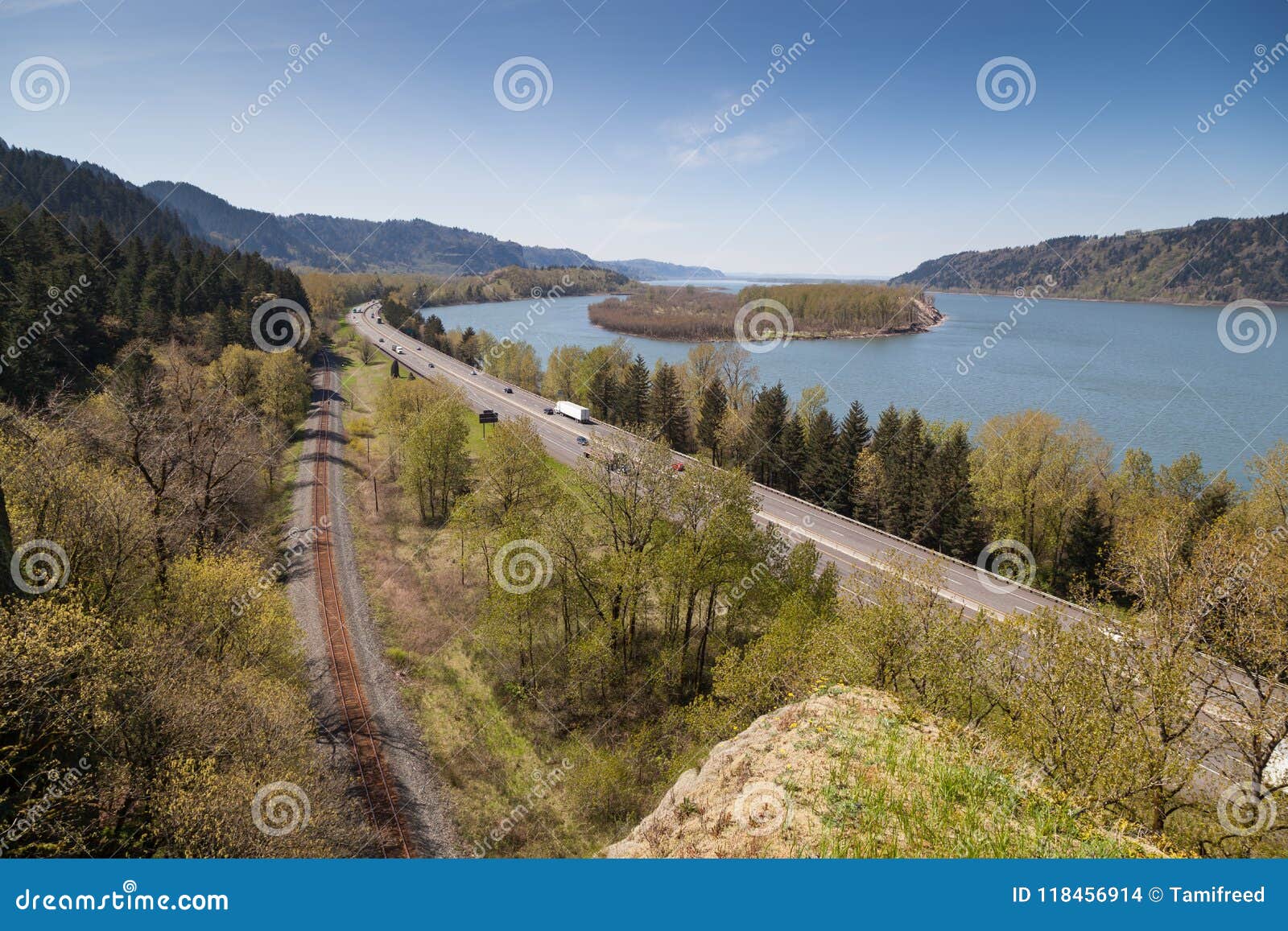 Waterway, Roadway, and Railway on the Columbia Gorge Stock Photo ... Waterway, Roadway, and Railway on the Columbia Gorge Stock Photo ...