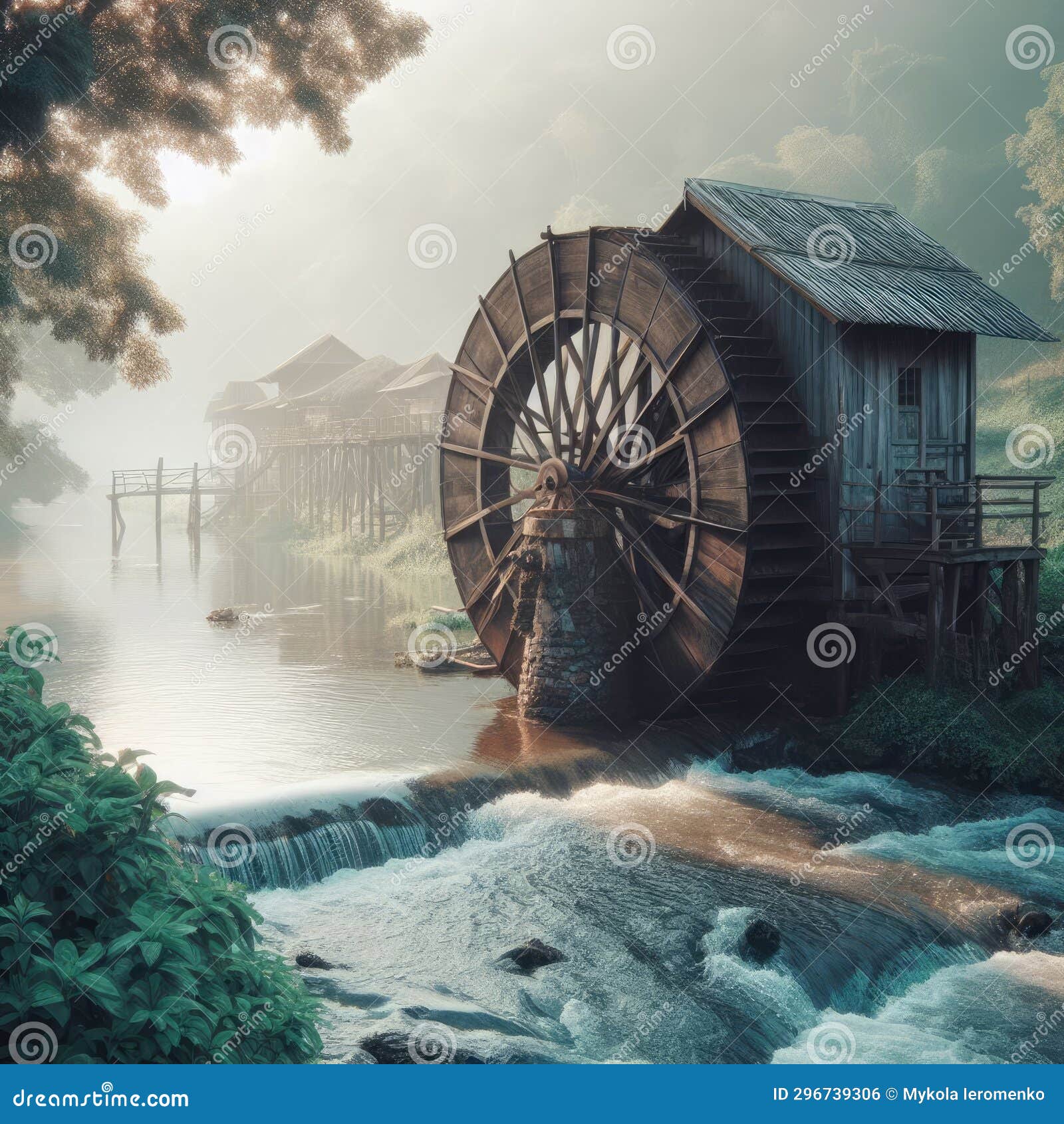 A Waterwheel on a Flowing River. Stock Illustration - Illustration of ...