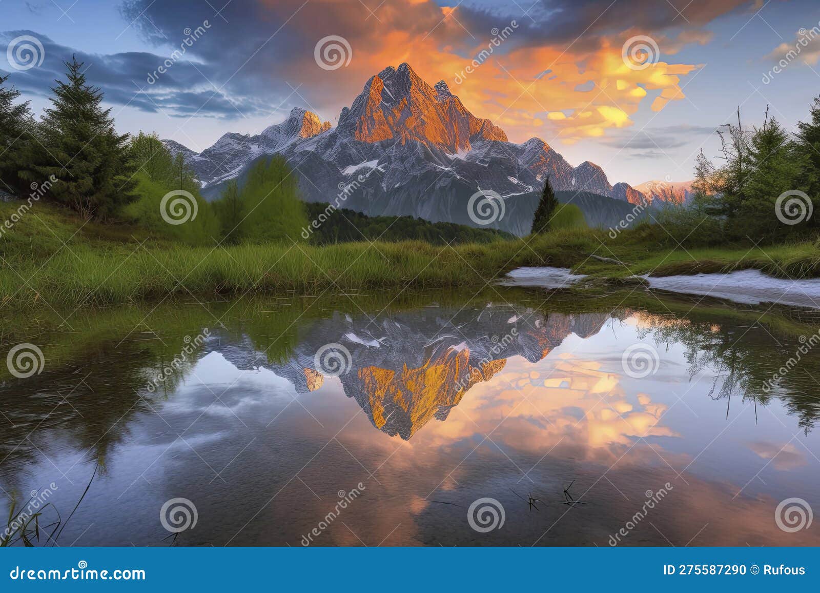 Watzmann in Alps, Dramatic Reflection at Sunset Stock Illustration ...