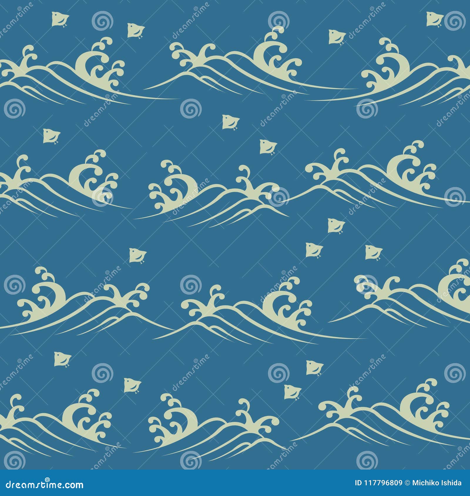Wave and Birds, Japanese Traditional Pattern Stock Illustration ...