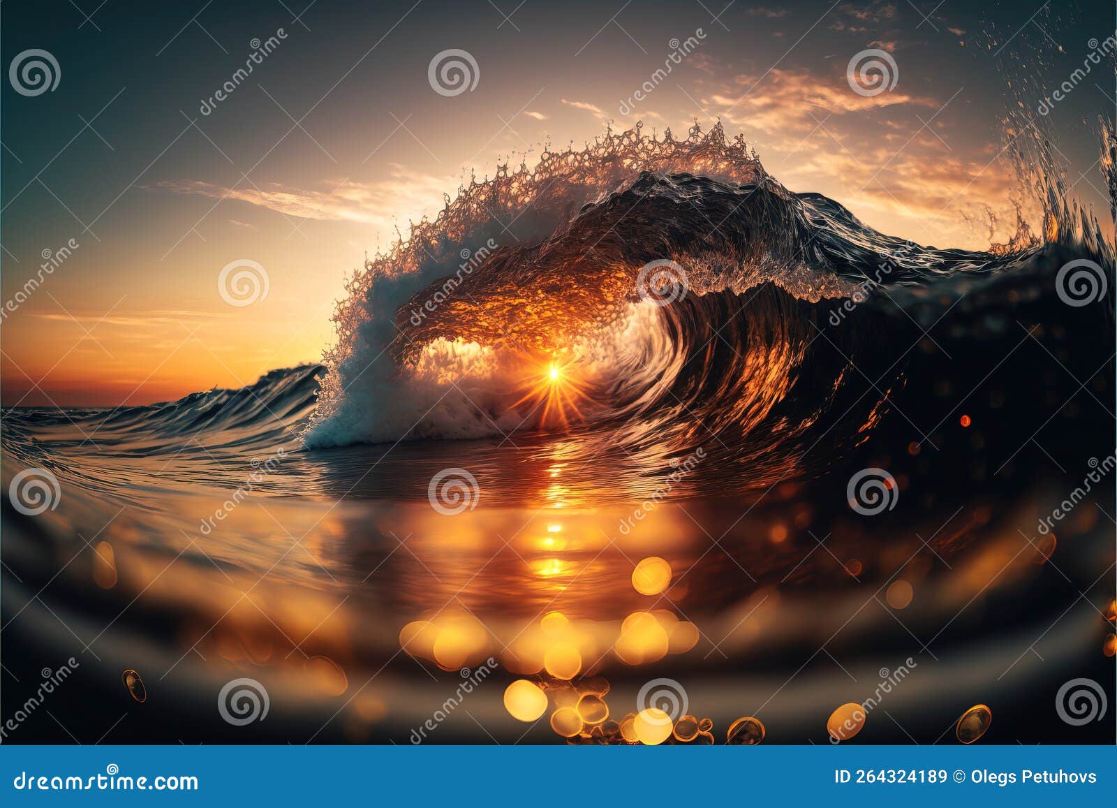A Wave is Breaking in the Ocean at Sunset with the Sun Shining through ...