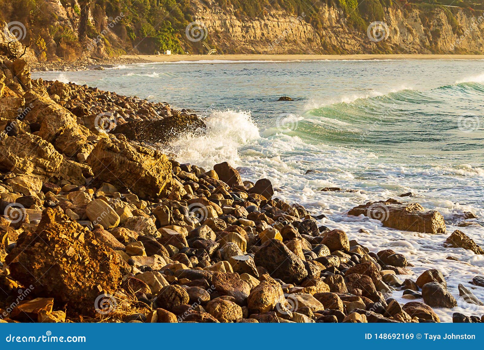 Wave Breaking on Rocky Shore Towards Sandy Beack Stock Image - Image of ...