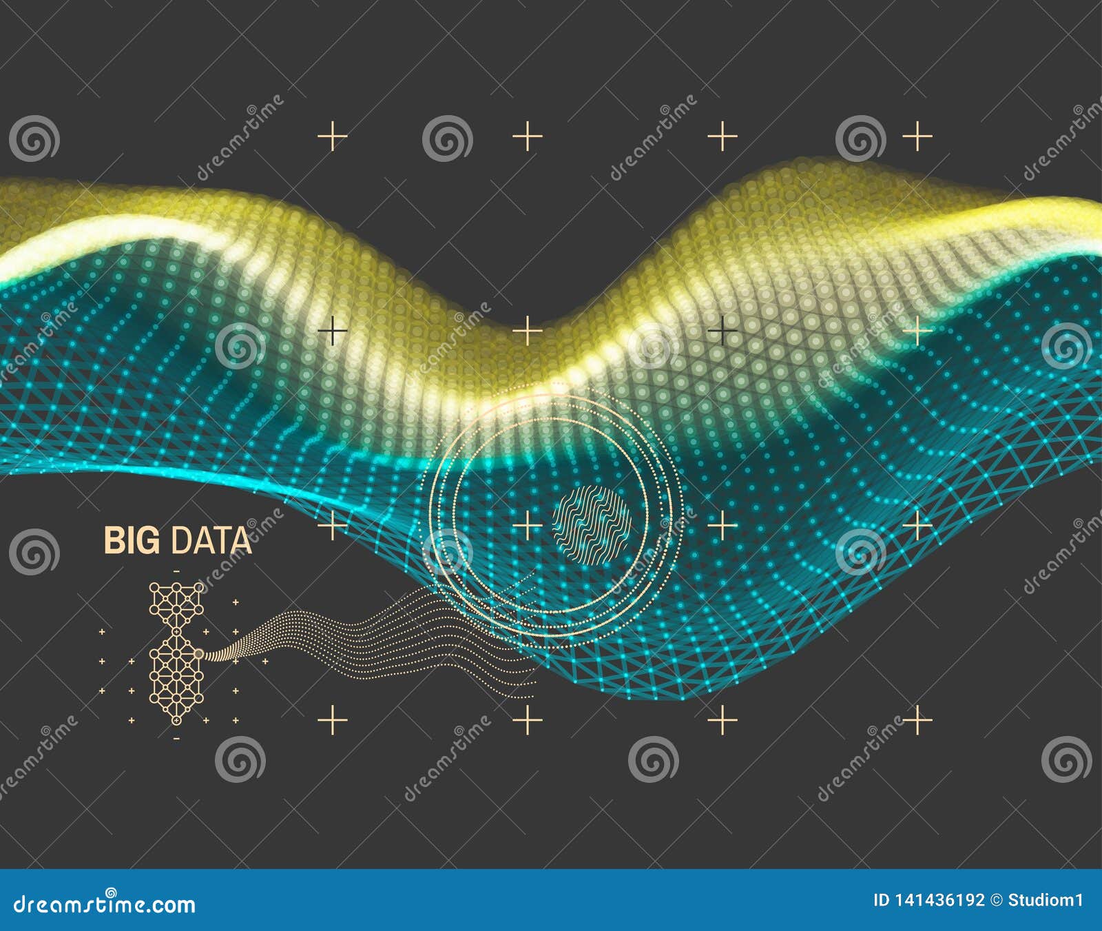 Wave with Connected Lines and Dots. Glowing Grid. Connection Structure ...