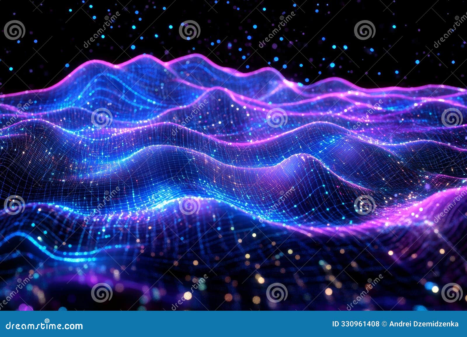 Wave with Digital Blocks Connected in the Metaverse. Neon and Blue ...