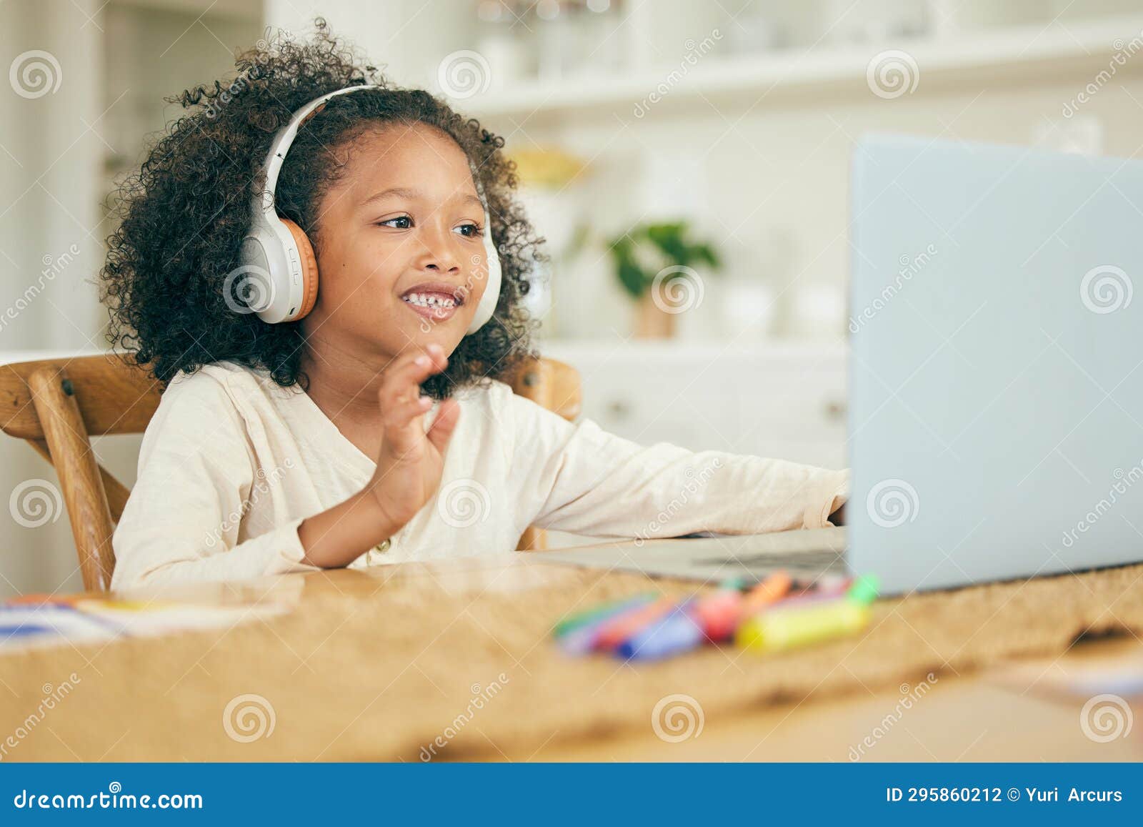 Wave, Elearning or Child with Laptop for Education, Remote Learning or ...