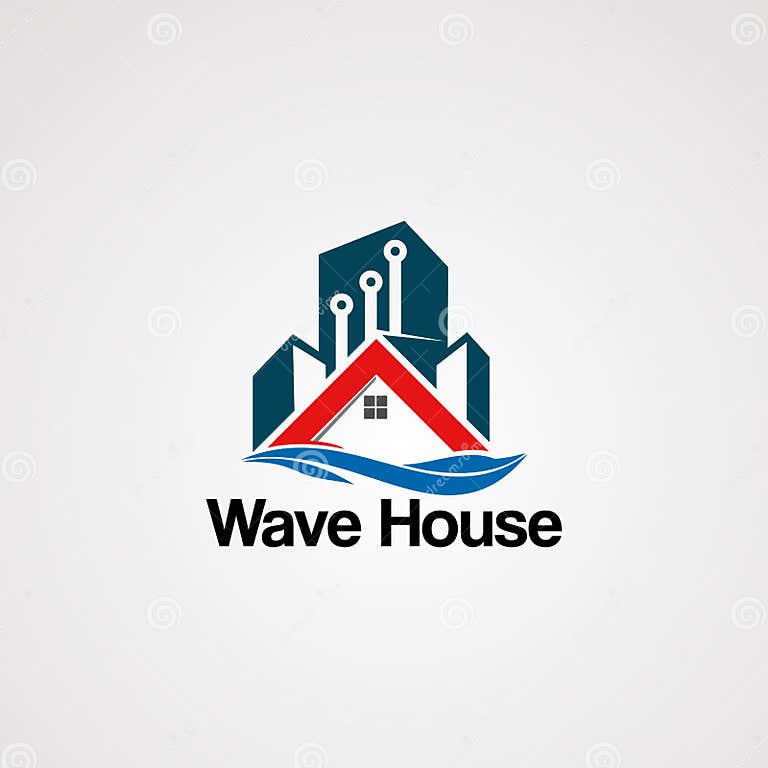 Wave House Logo Vector with Techno Building Touch, Element, Icon, and ...