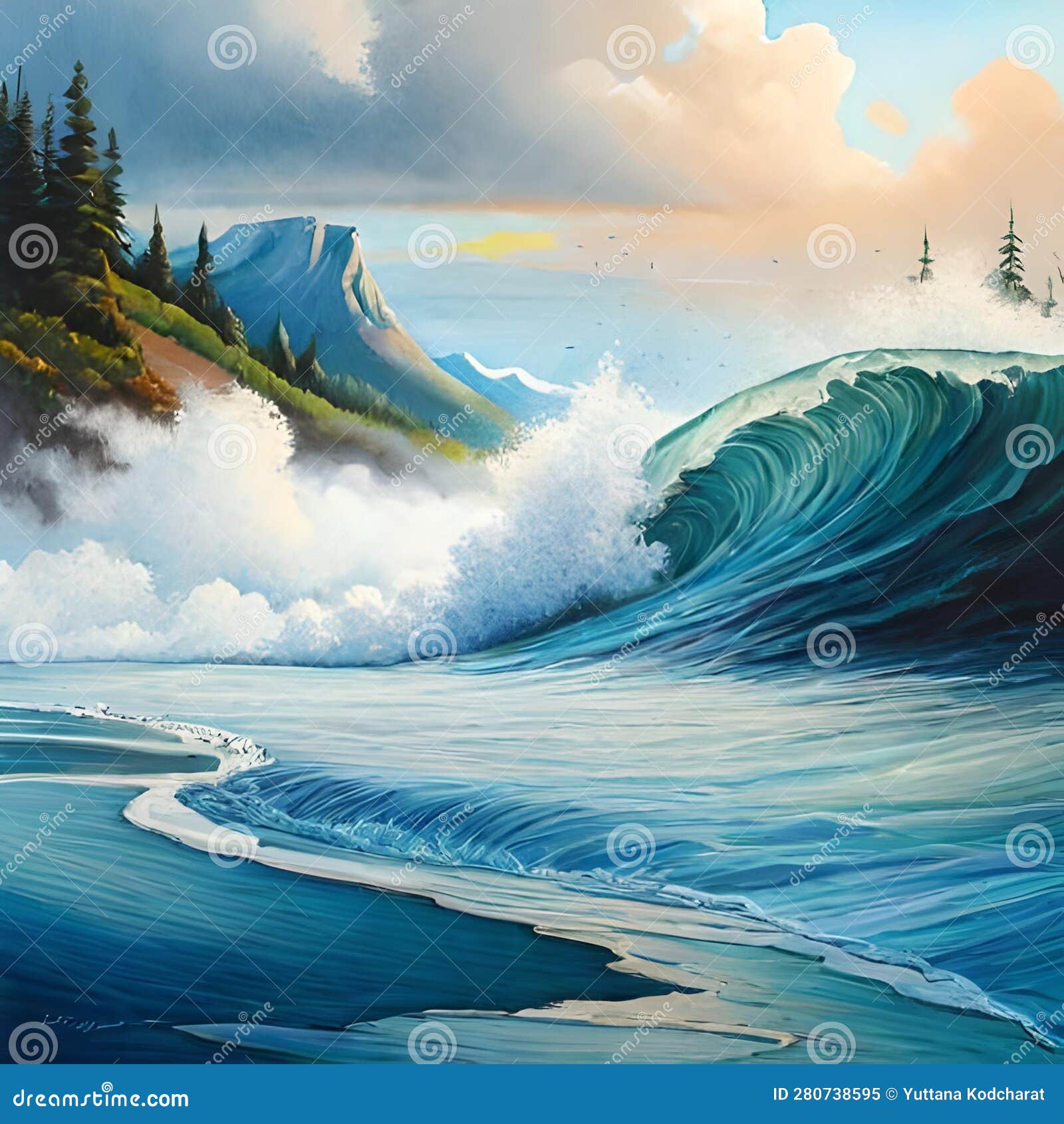 Wave Island Drawing Water Color Generative AI Stock Illustration ...