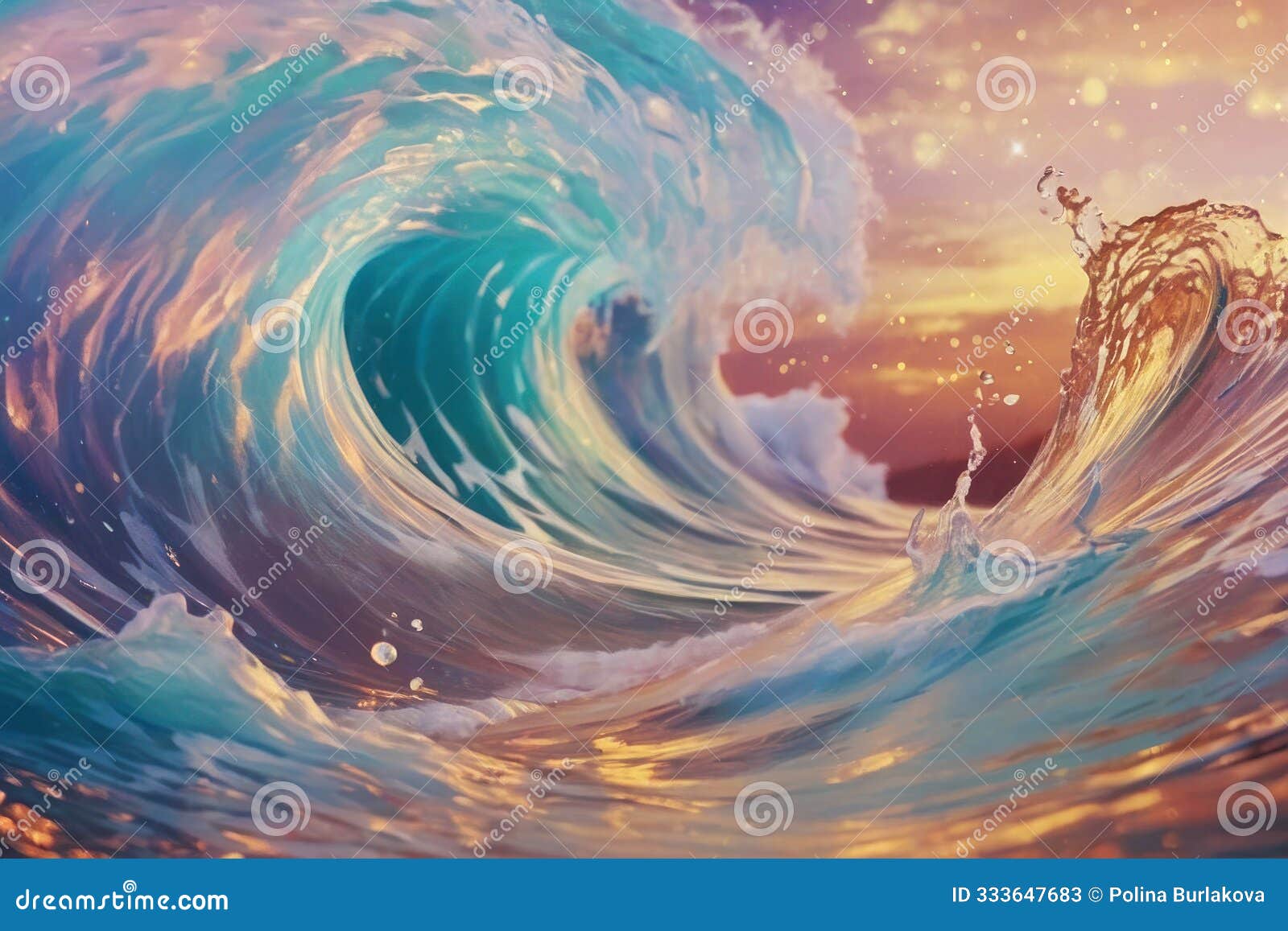 A Wave in the Ocean with a Splash of Water and a Sunset Stock ...
