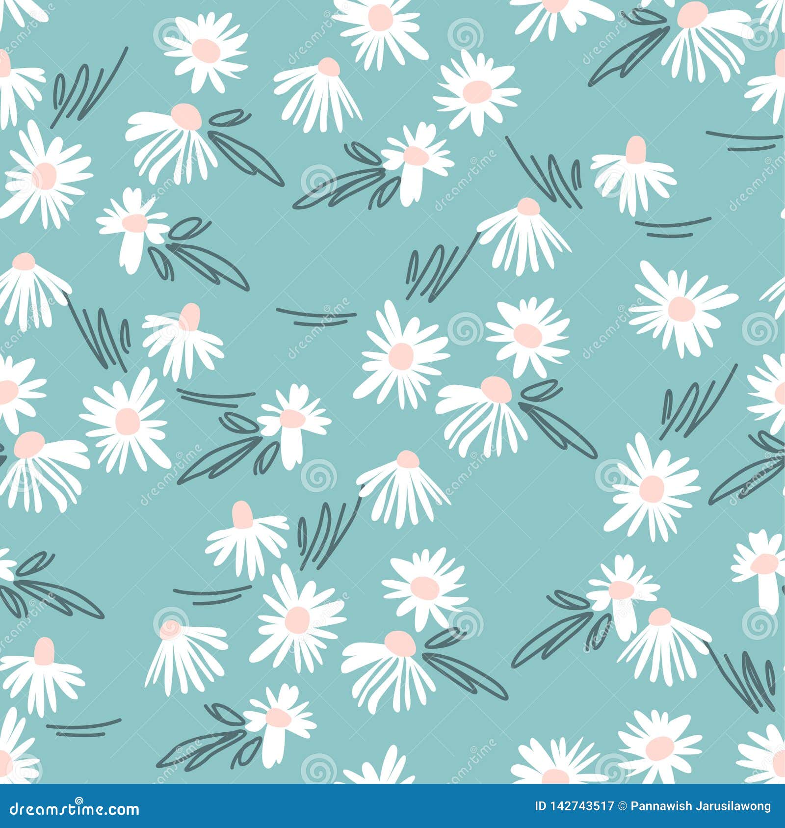 Mint Blue Daisy Flower Art Seamless Pattern Stock Vector - Illustration ...