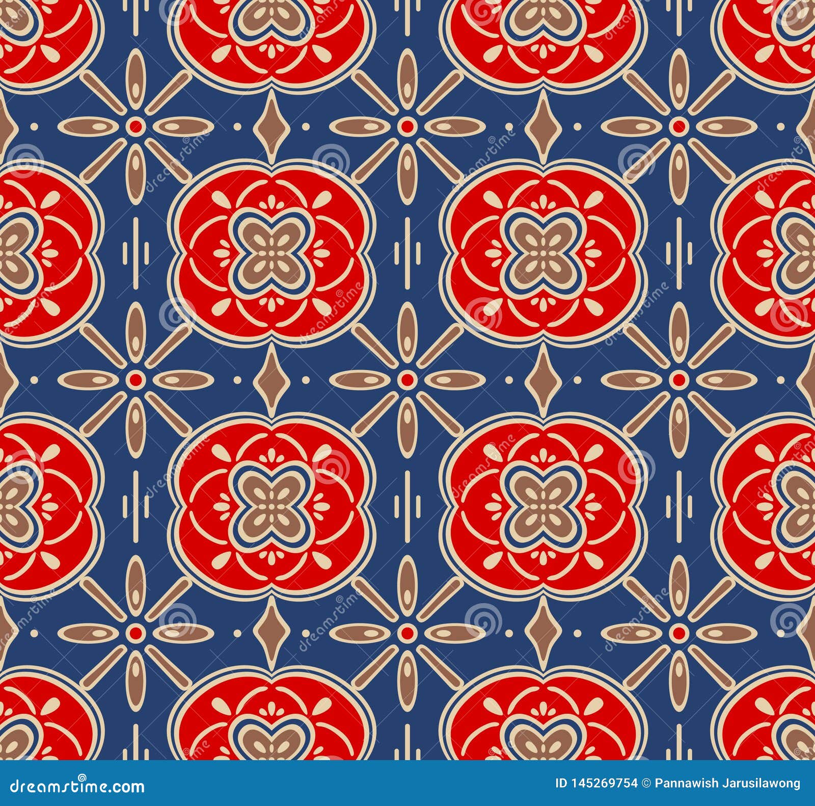 Japanese Hippie Red Navy Flower Seamless Pattern Stock Vector ...