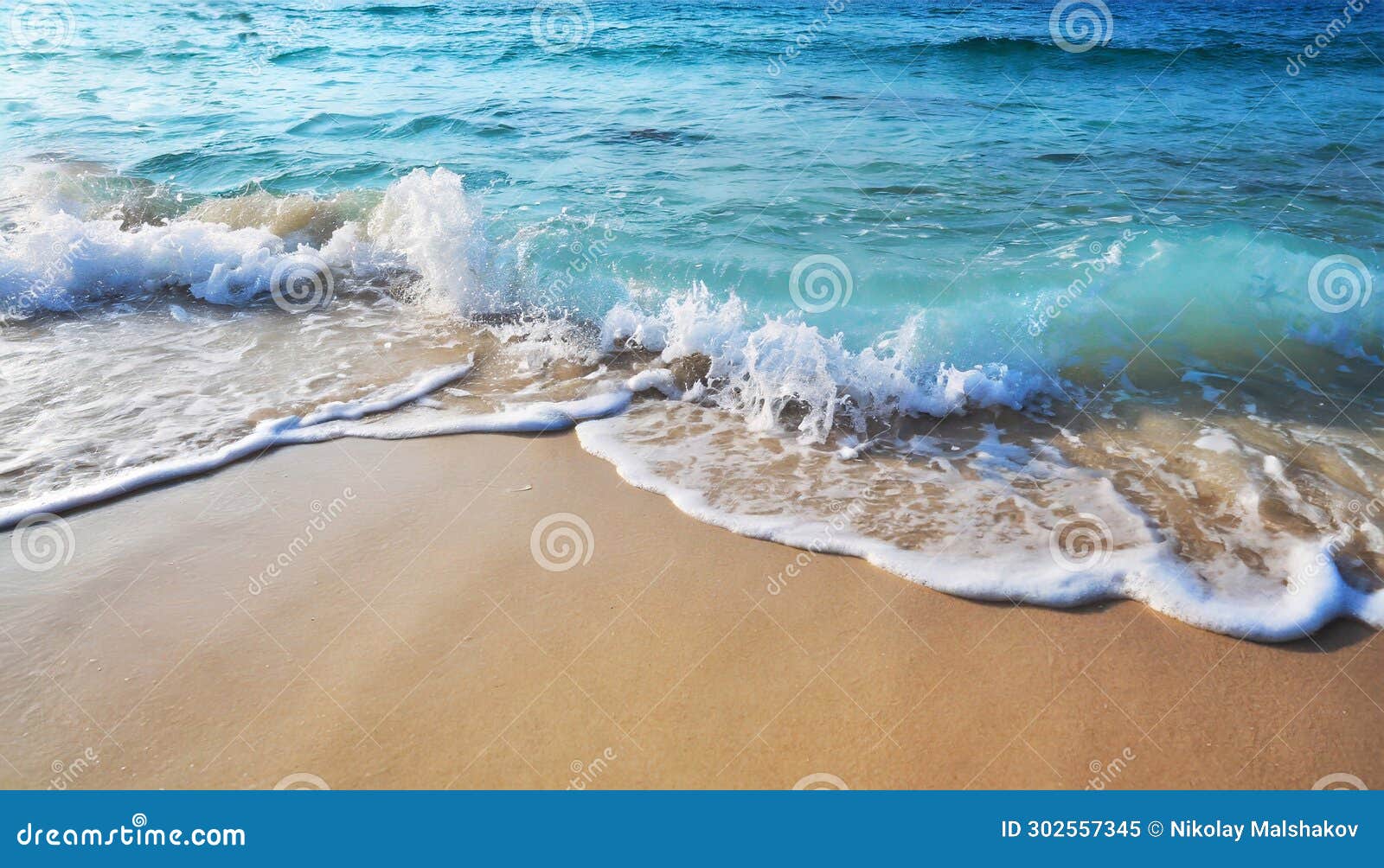 A Wave Rising on Clean Sand Close-up of a Beach with Clear Blue Water ...