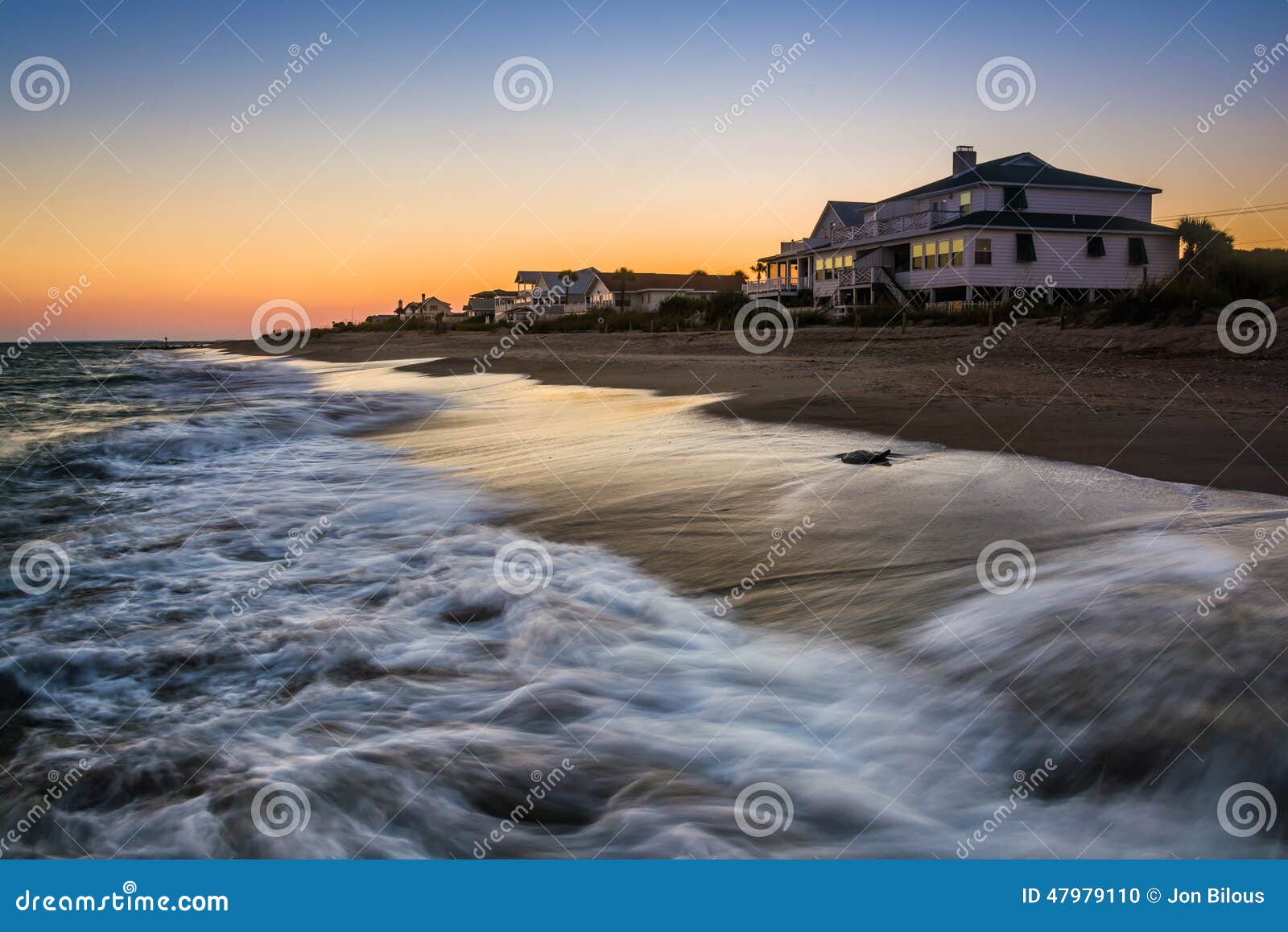 Waves in the Atlantic Ocean and Beachfront Homes at Sunset, Edisto ...