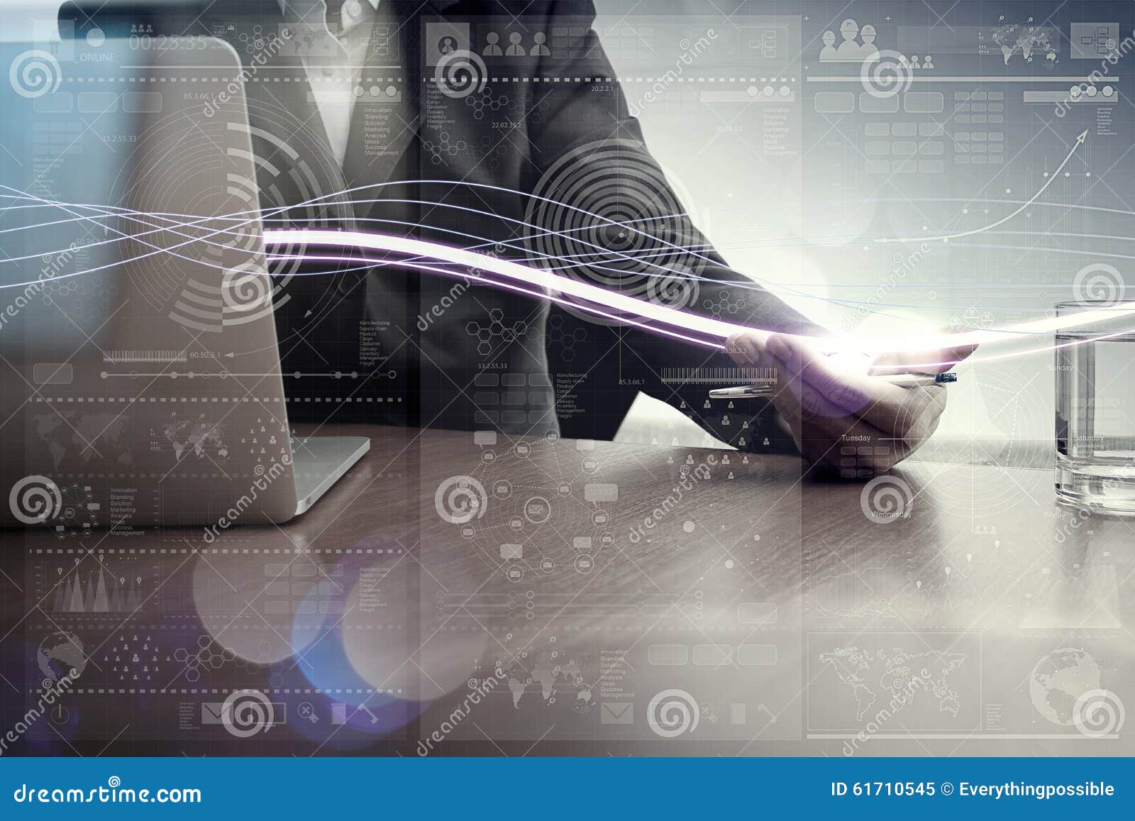 Waves of Blue Light and Businessman Using on Laptop Computer Stock ...