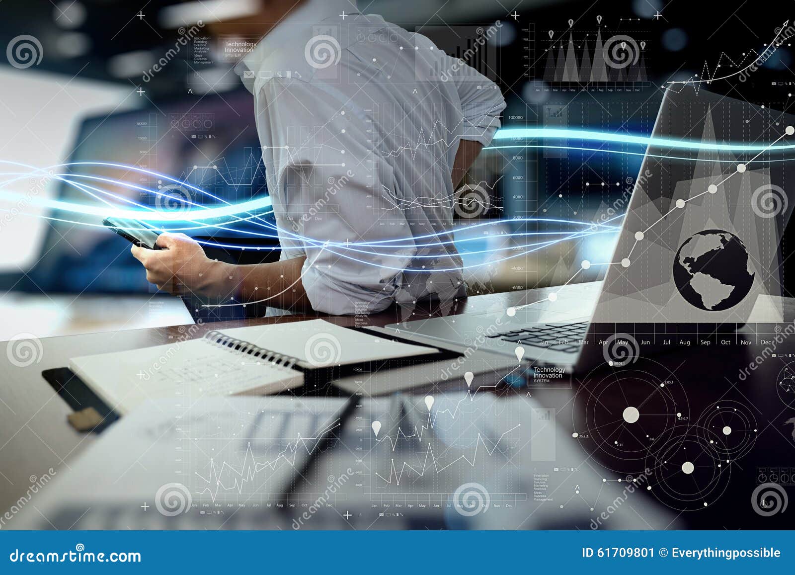 Waves of Blue Light and Businessman Using on Laptop Stock Image - Image ...