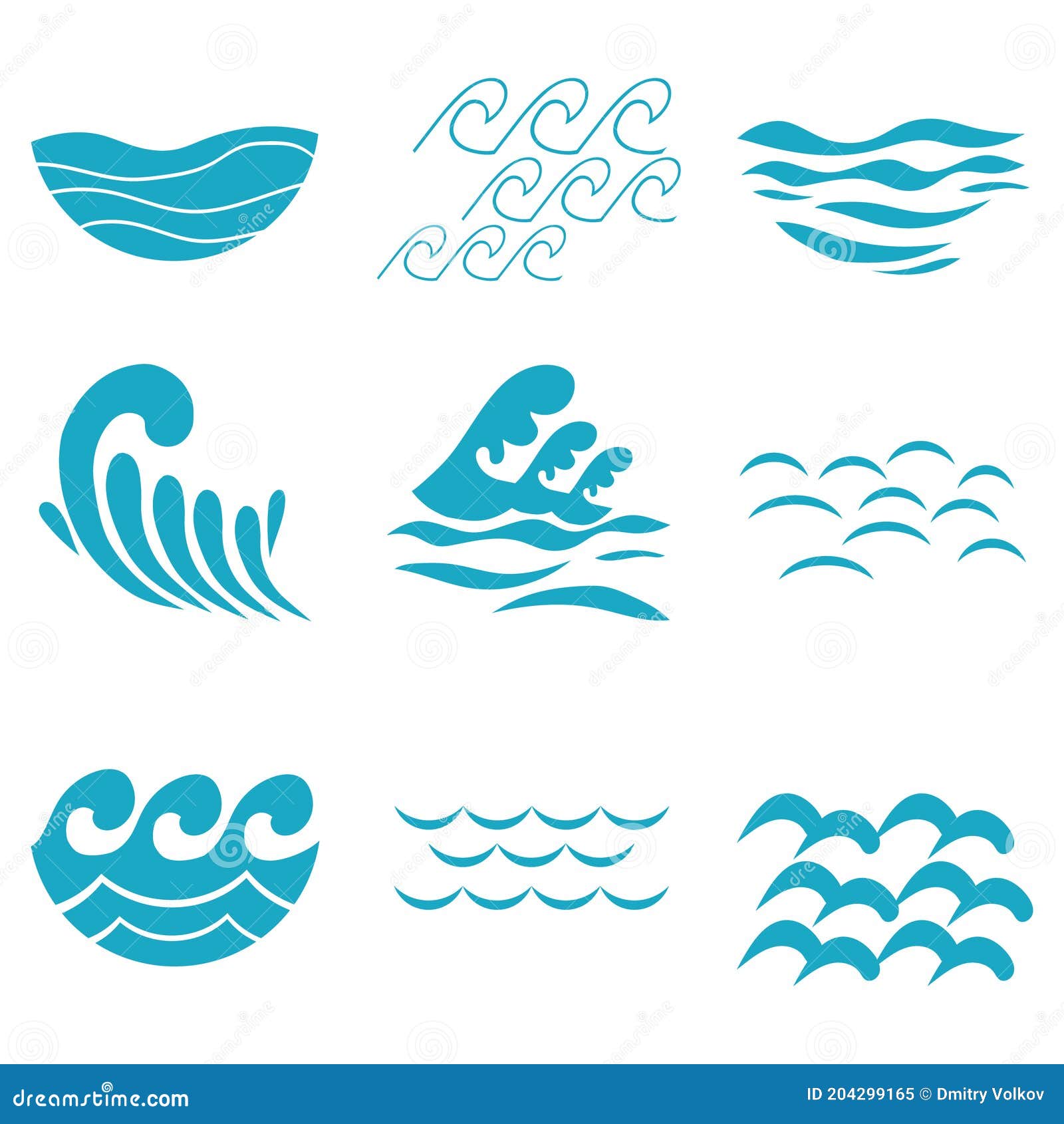 Waves, Blue Waves Schematic Set. Vector Illustration Stock Illustration ...