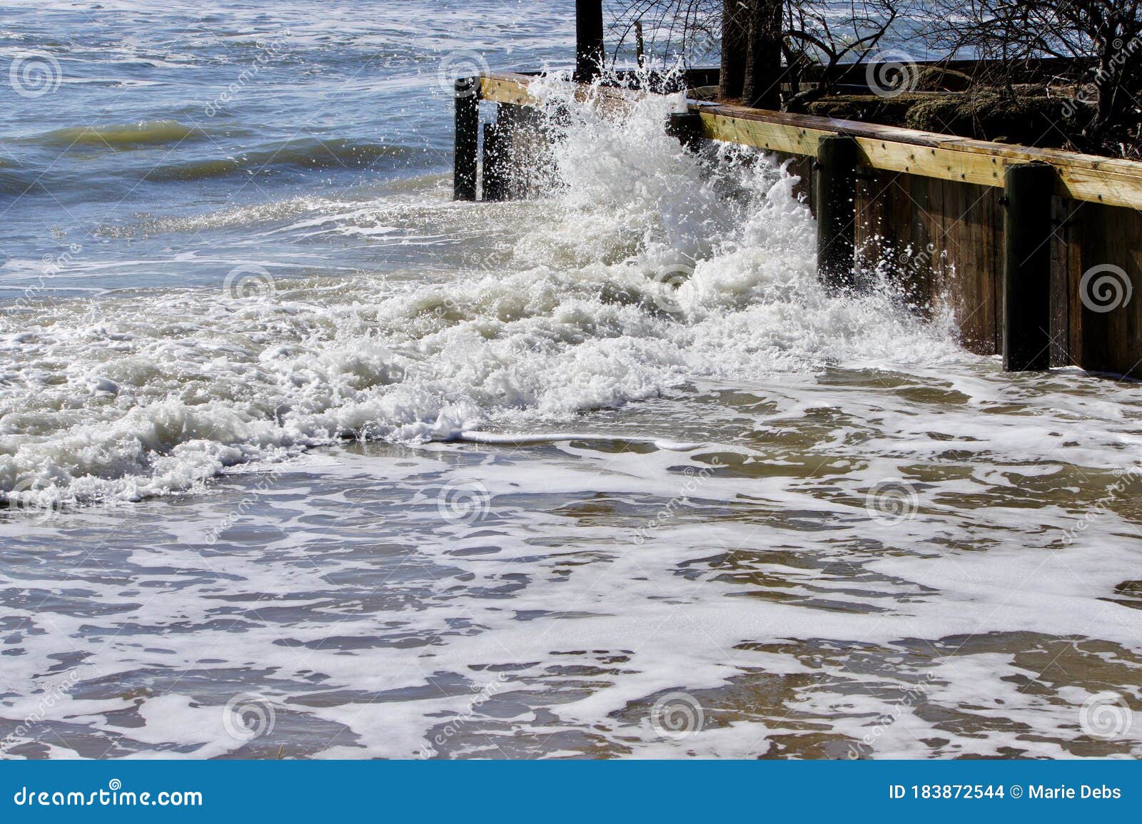 Waves Breaking on a Retaining Wall during a nor`Easter Stock Photo - Image of beach, noreaster ...