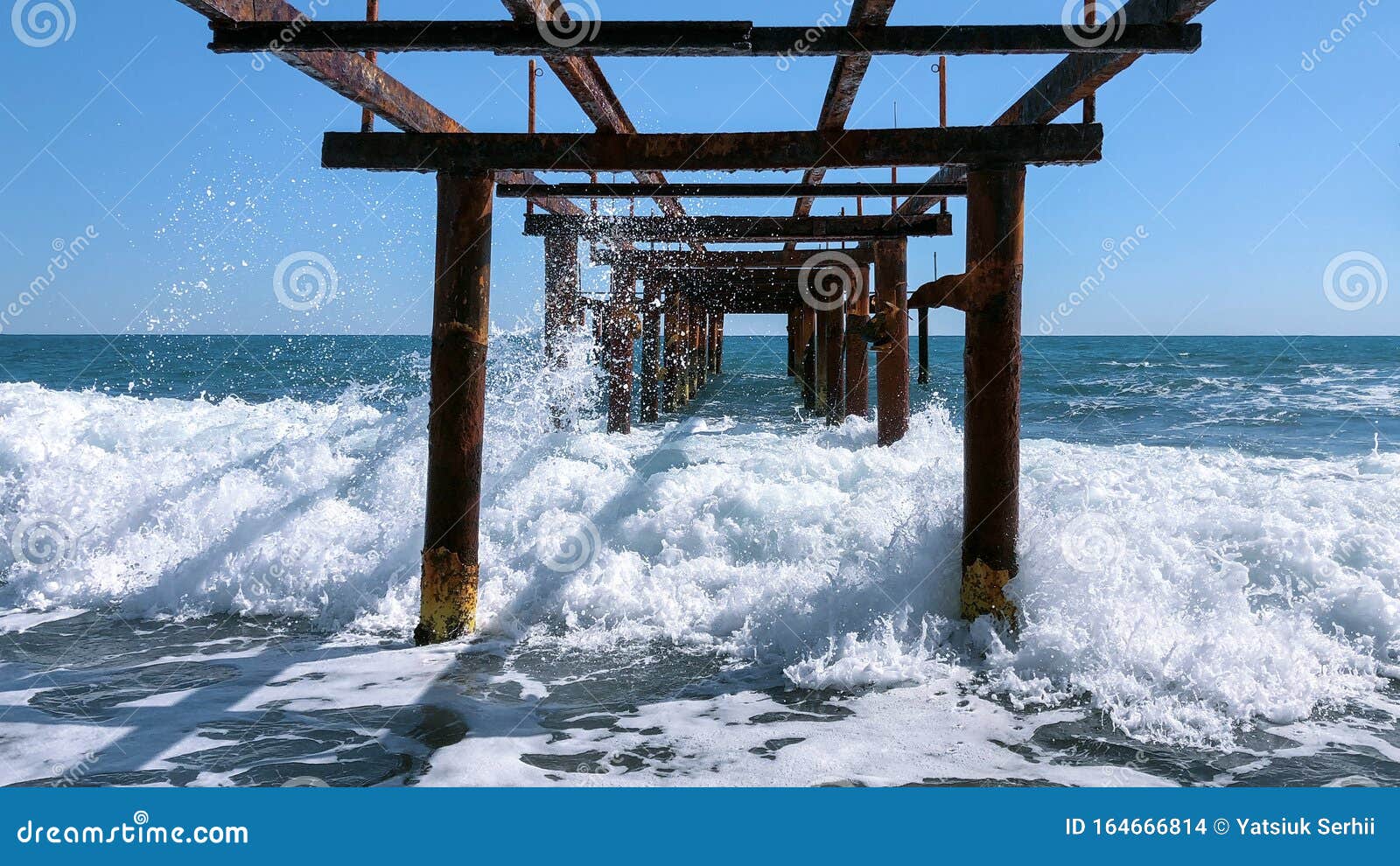 Waves Breaking on a Rusty Metal Pier. Stock Photo - Image of beauty ...