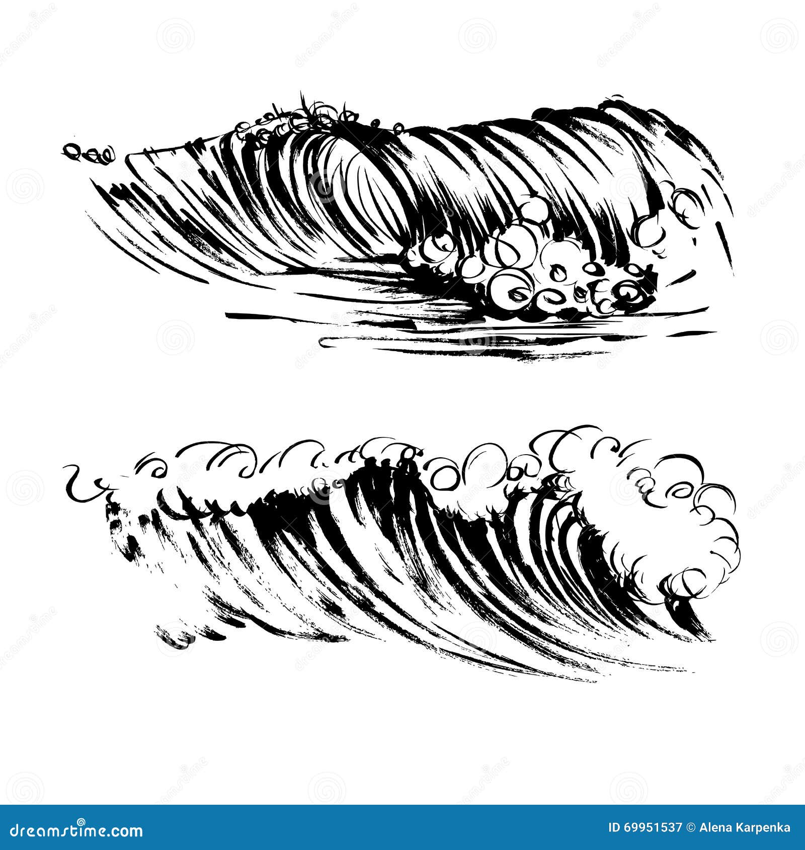 Waves Brush Ink Sketch Handdrawn Serigraphy Print Stock Vector ...
