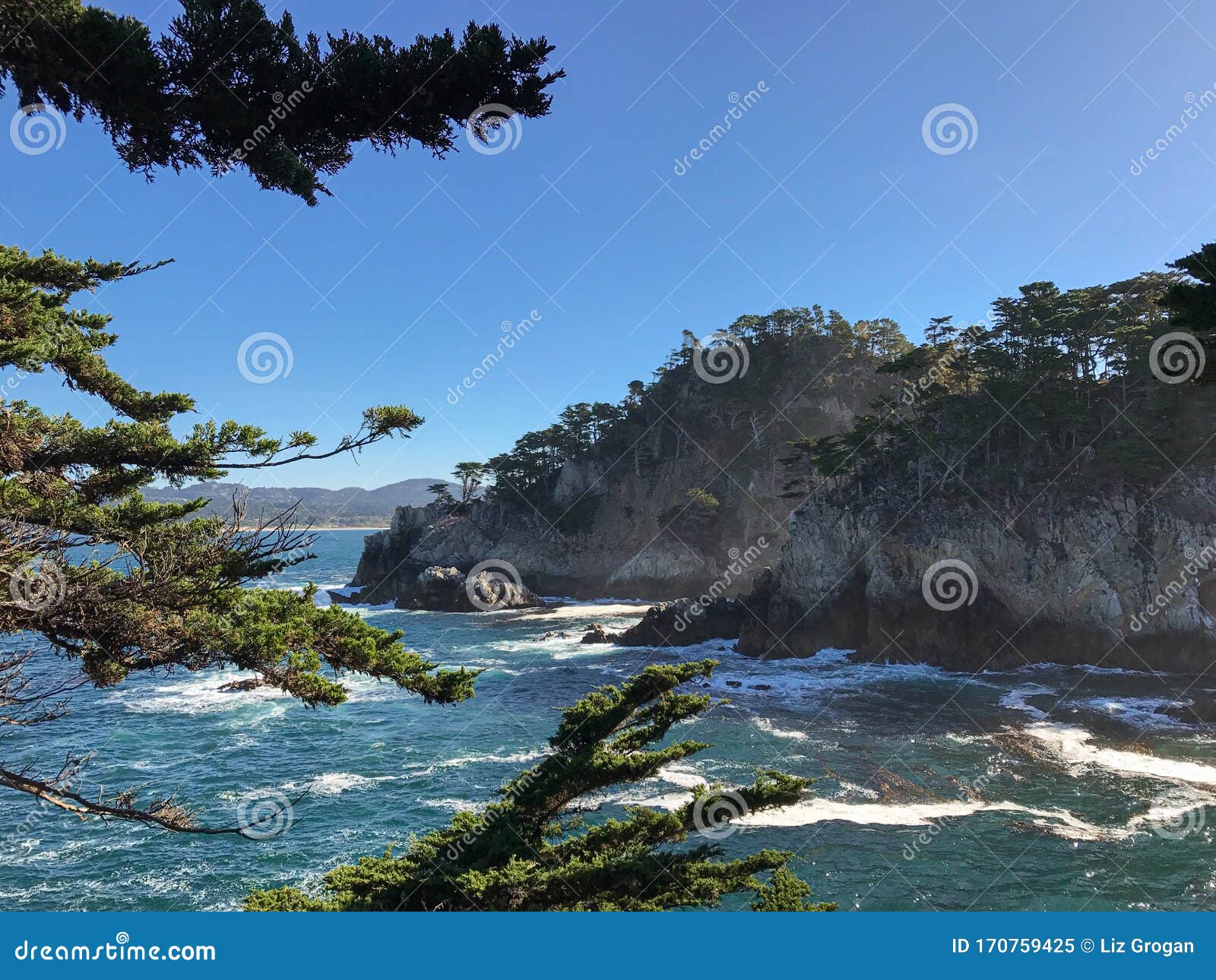Waves Crash Against Cliffs with Trees in Big Sur, California Stock ...