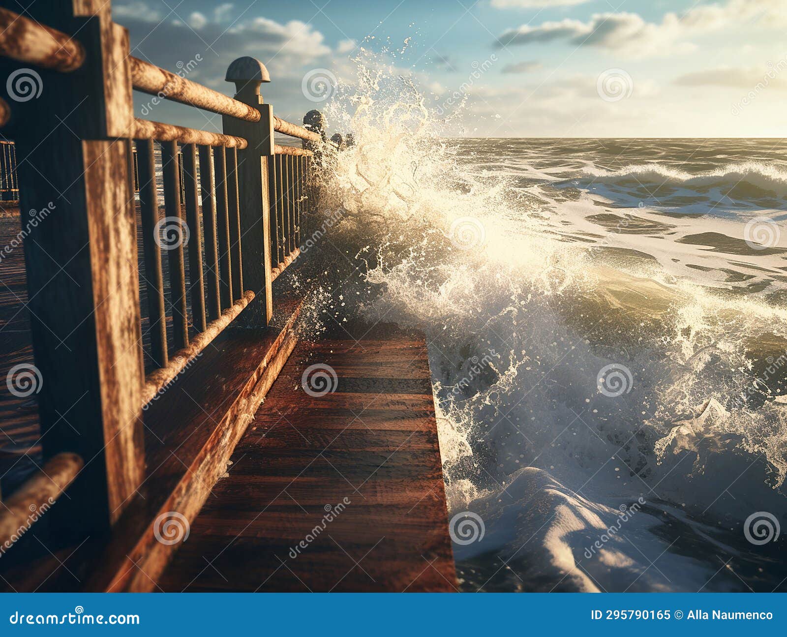 Waves Crash Against a Pier As the Sun Sets Over the Ocean Stock ...