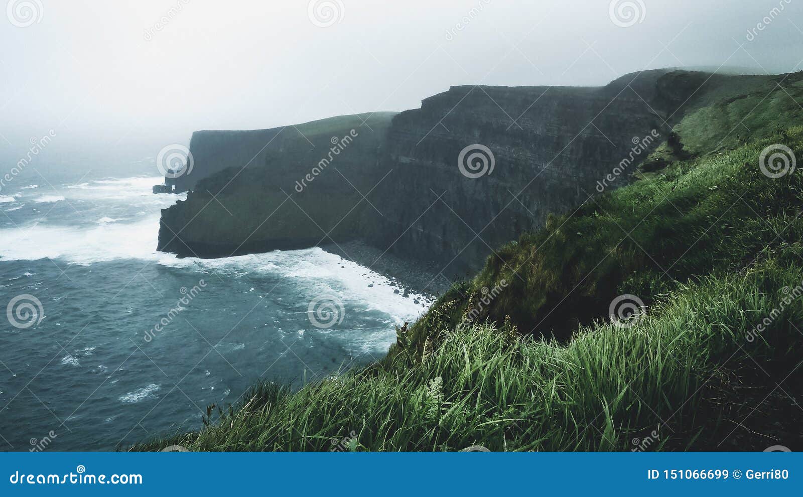 Waves Crashing on Cliffs of Moher, on a Misty Day in Ireland Stock ...