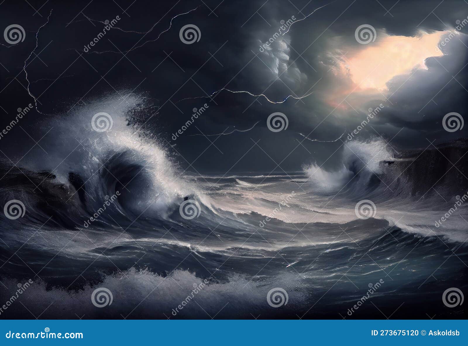 Waves Curling Over and Breaking during Cyclone with Stormy Sky ...