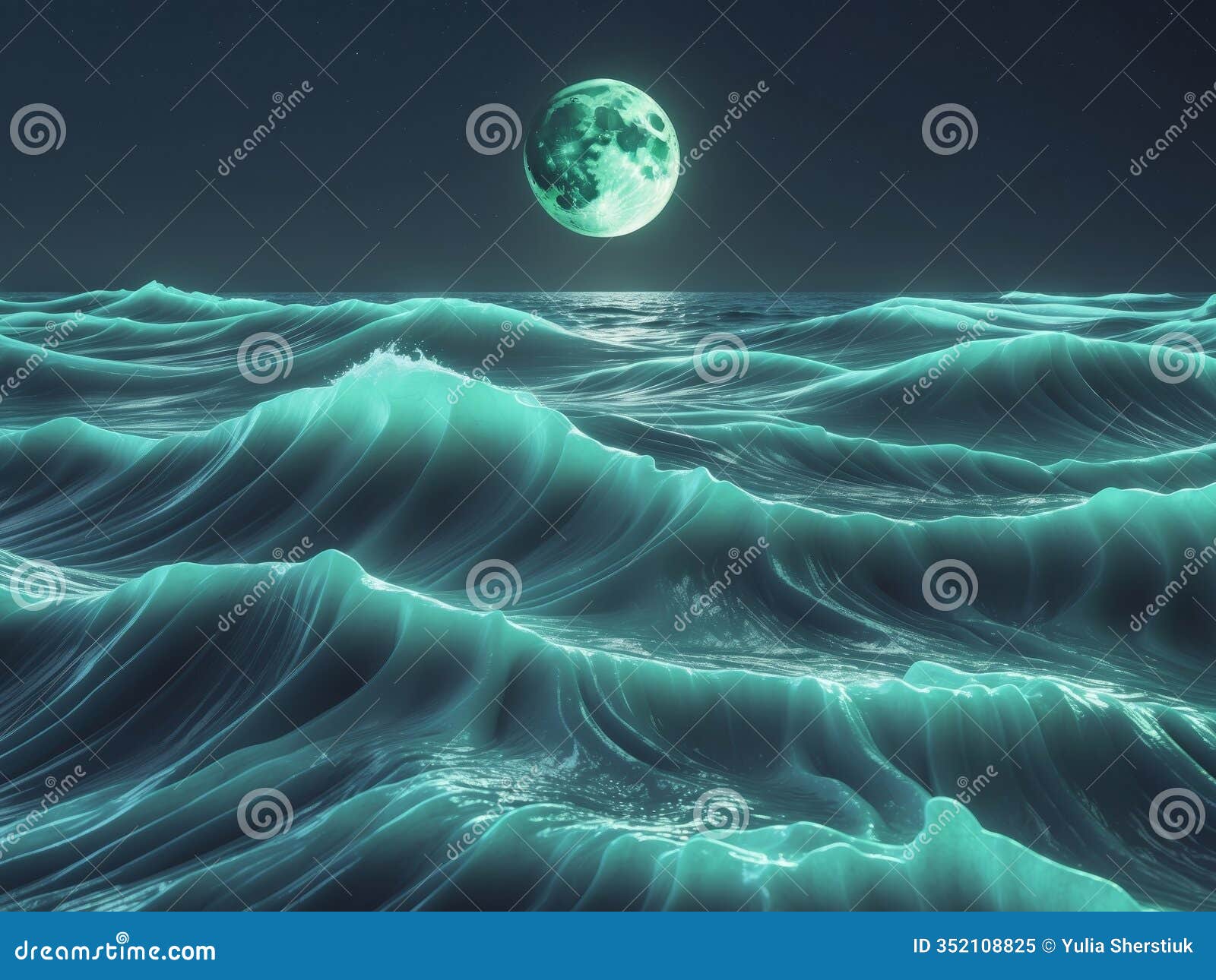 Waves Glowing with Bioluminescence at Night Under a Crescent Moon Stock ...