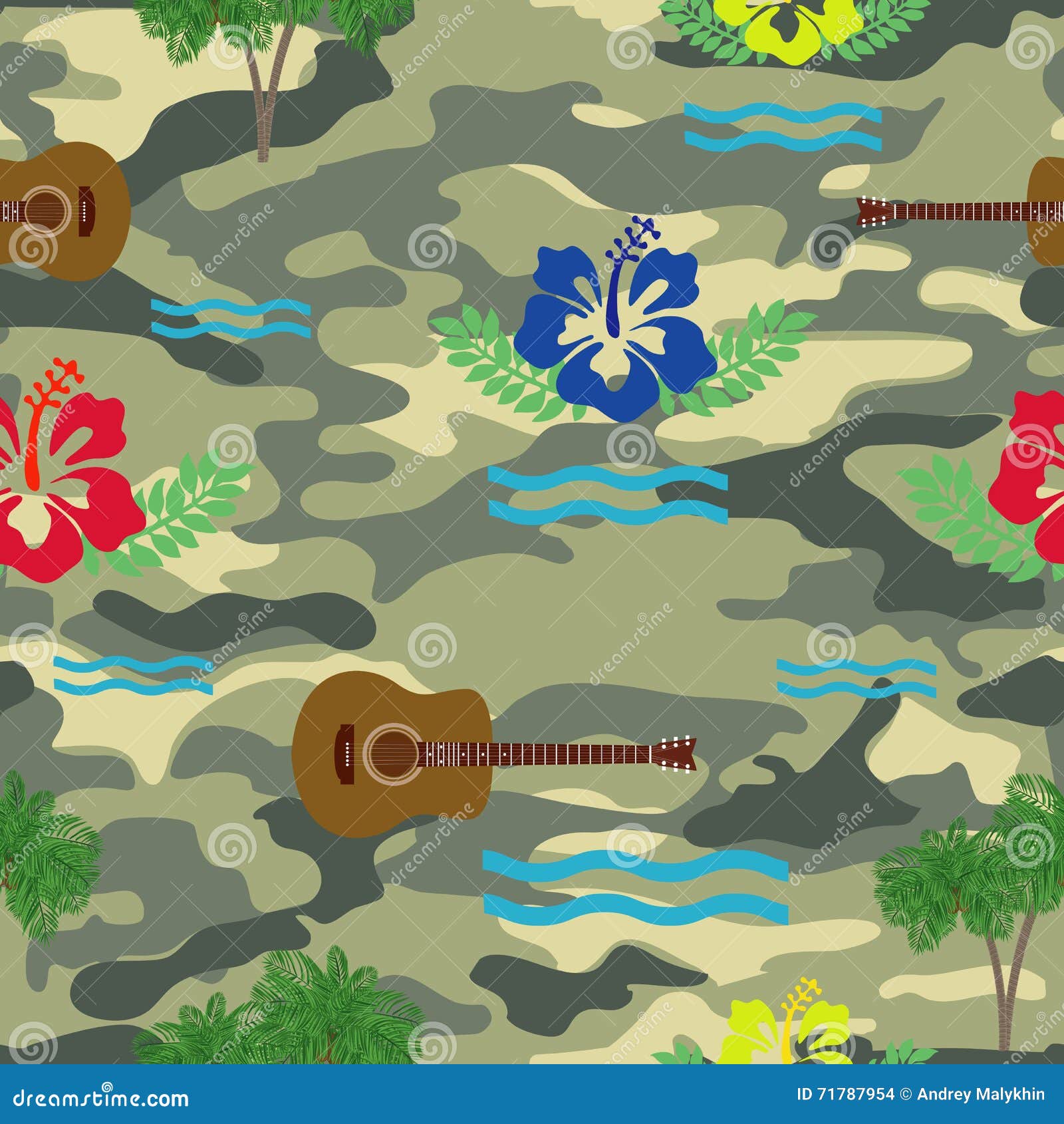 Waves, Hibiscus, Guitar And Palm Tree On The Military Background Stock ...