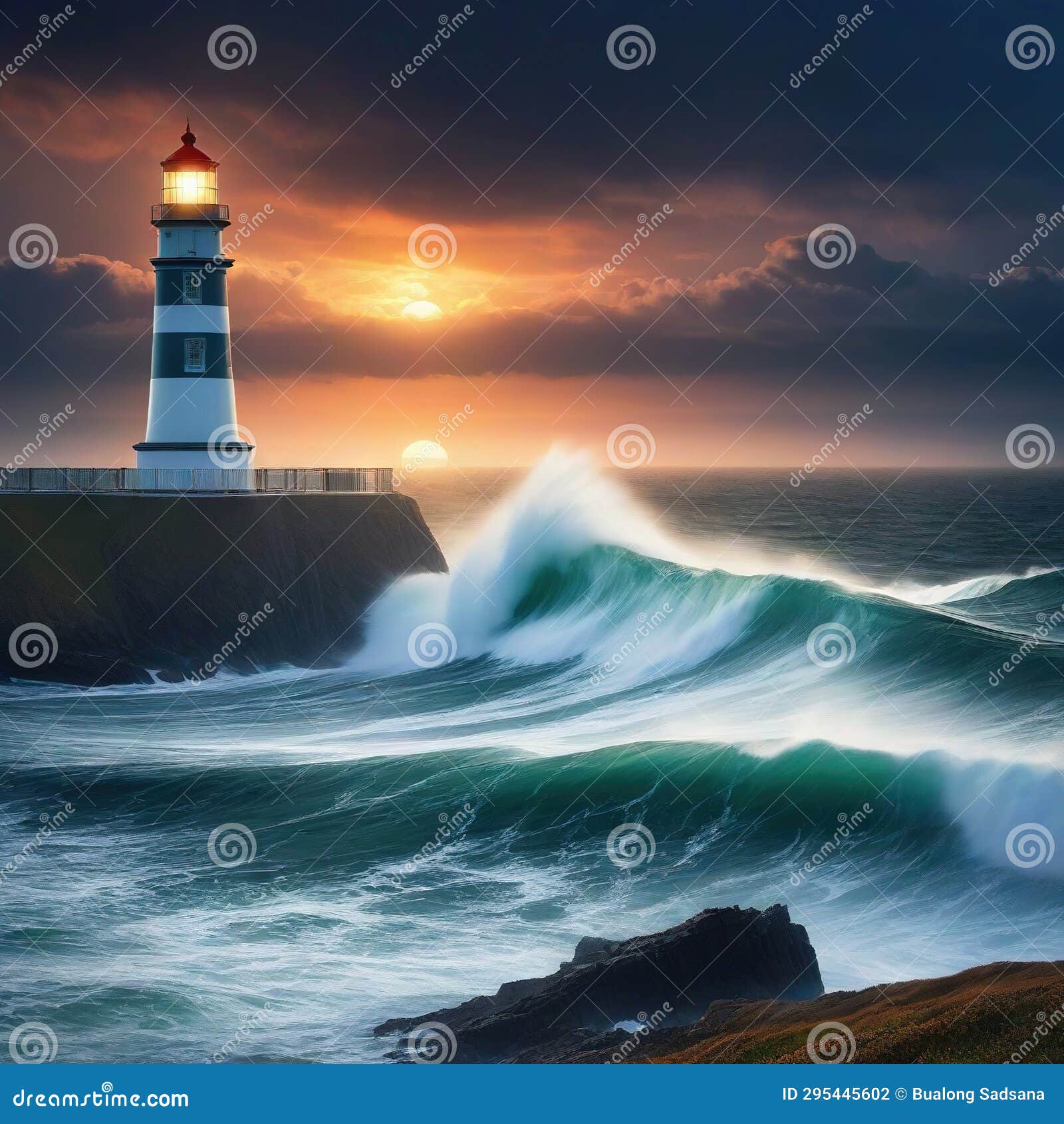 Waves Hitting a Lighthouse at Seascape with a Gloomy Dramatic Stock ...