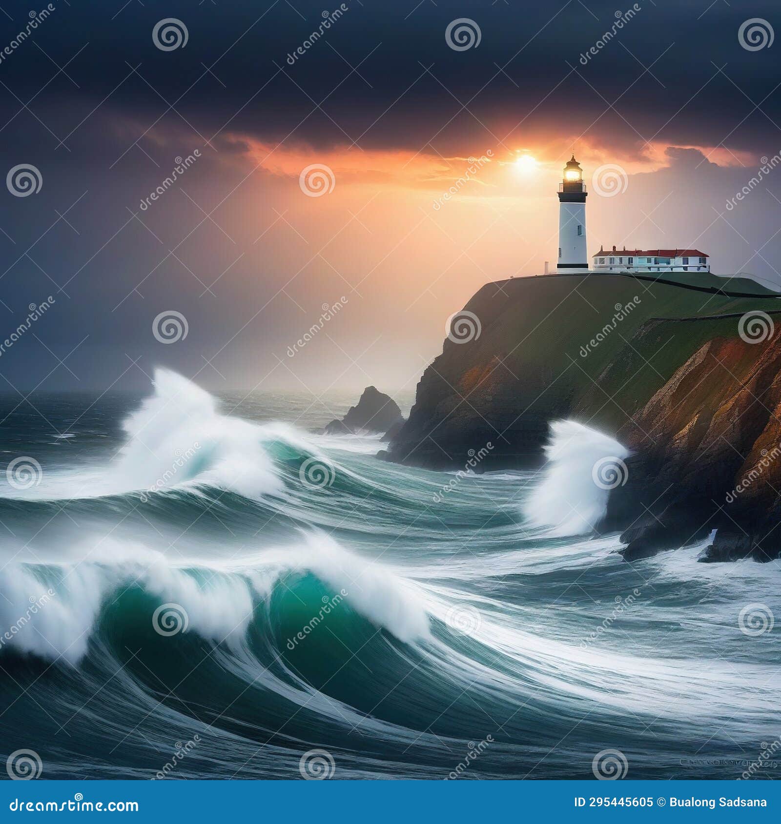 Waves Hitting a Lighthouse at Seascape with a Gloomy Dramatic Stock ...