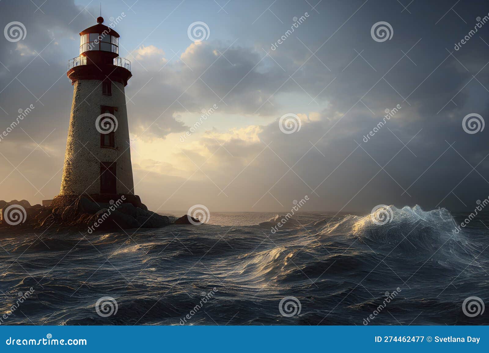 Waves Hitting a Lighthouse at Sunset, Seascape with a Gloomy Sky ...
