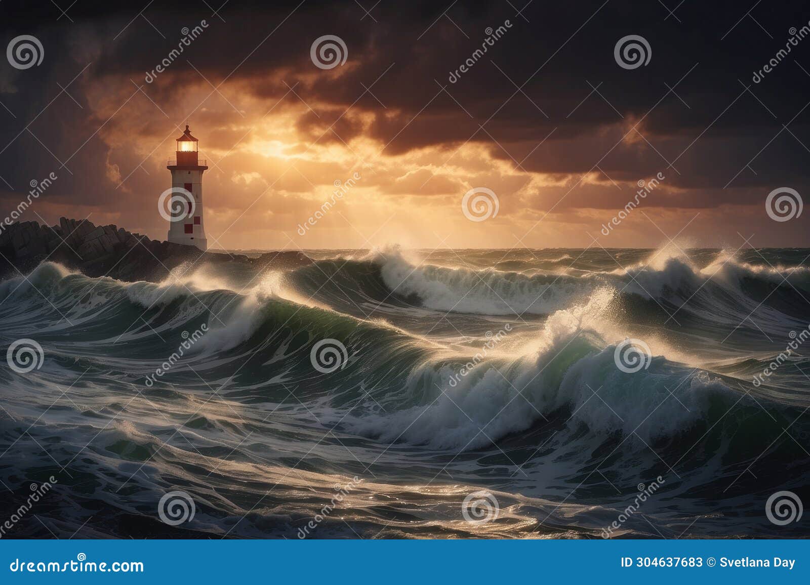 Waves Hitting a Lighthouse at Sunset, Seascape with a Gloomy Sky ...