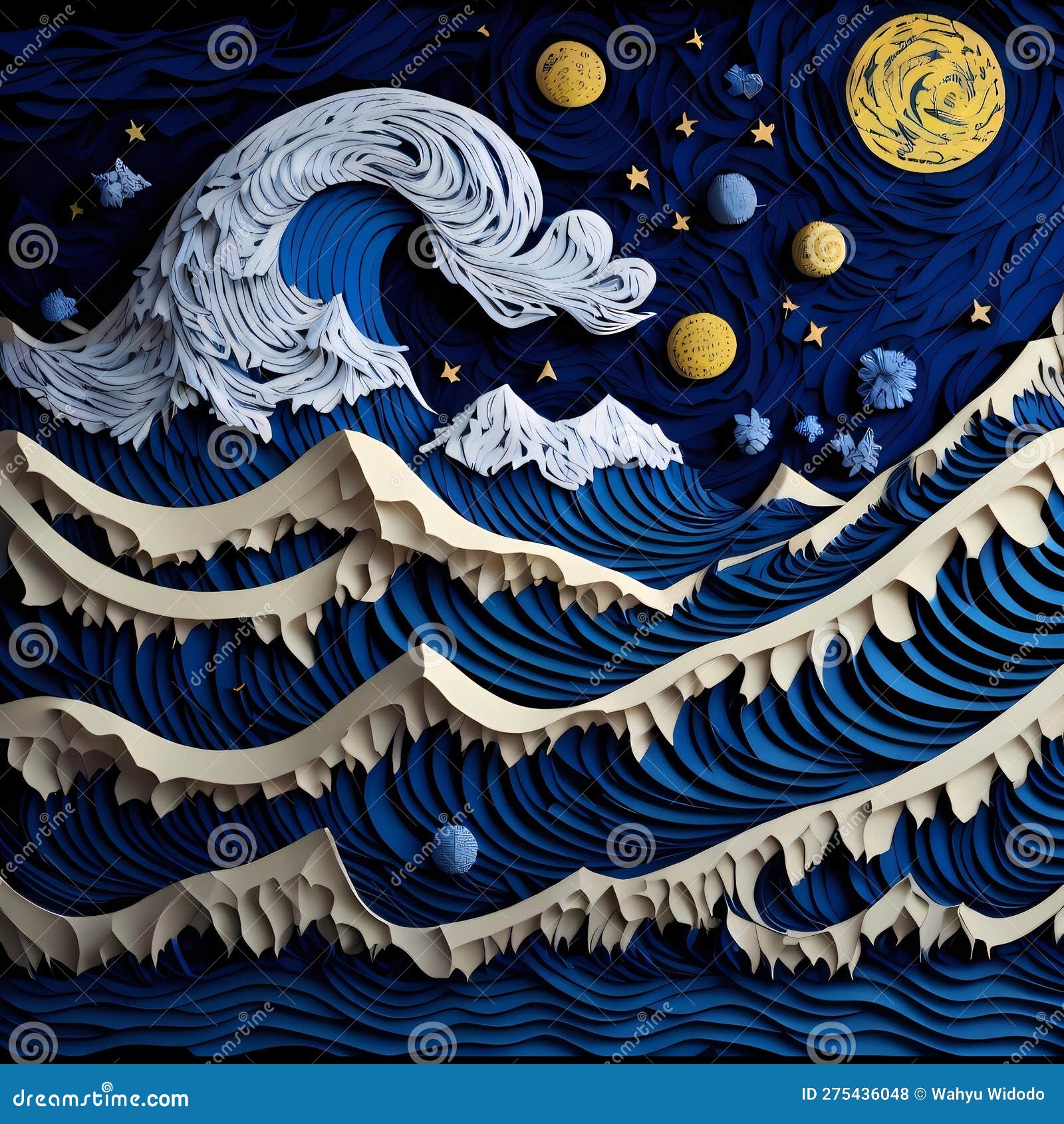 Waves Made from Layered Paper in Starry Night Style Illustrated Stock ...