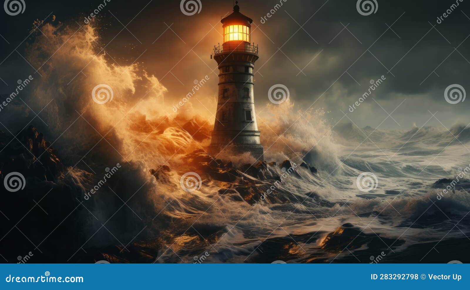 Waves in the Ocean Break the Lighthouse. Generative AI. Stock ...
