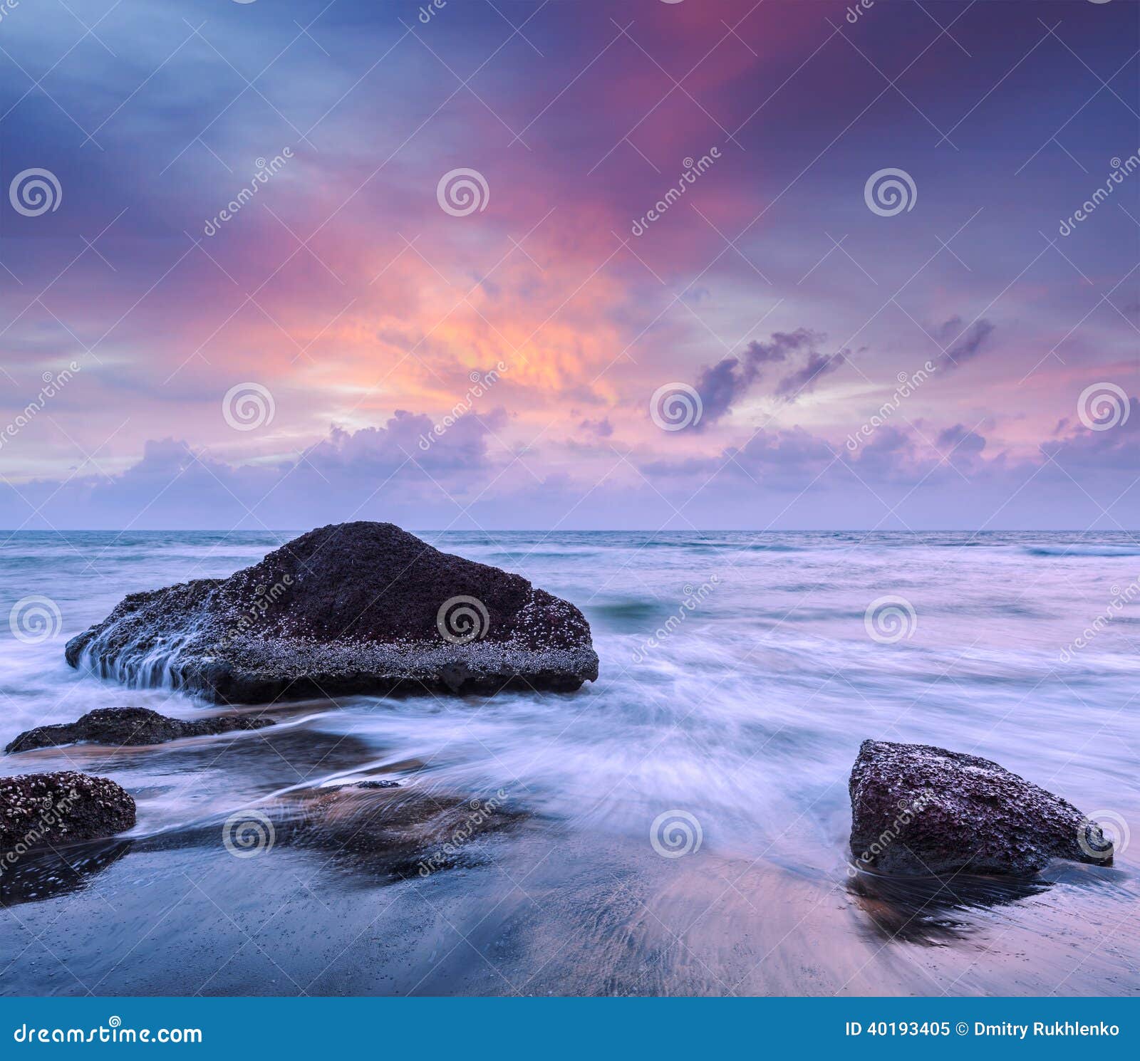 Waves and Rocks on Beach of Sunset Stock Image - Image of dusk ...