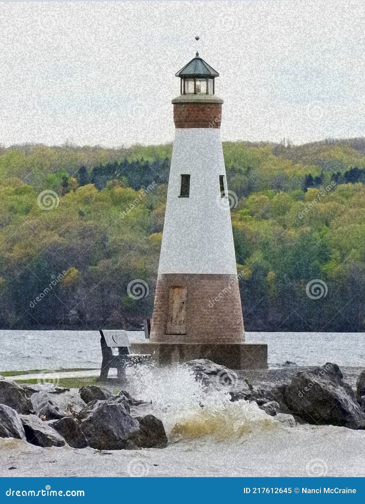 Illustration of Waves on Rocks by Lighthouse Stock Image - Image of ...