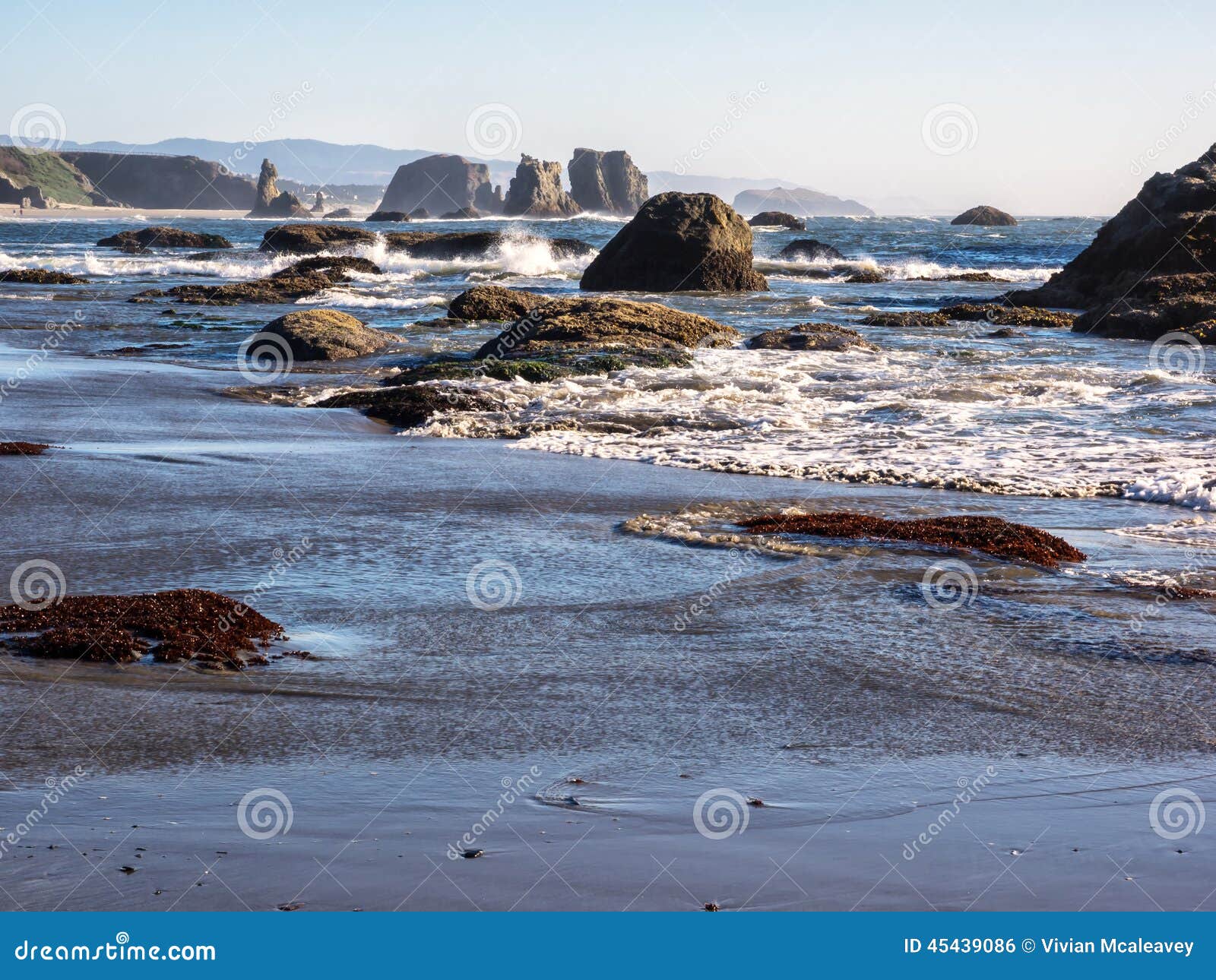 Waves on Sandy Beach with Rock Stacks Stock Photo - Image of bandon ...