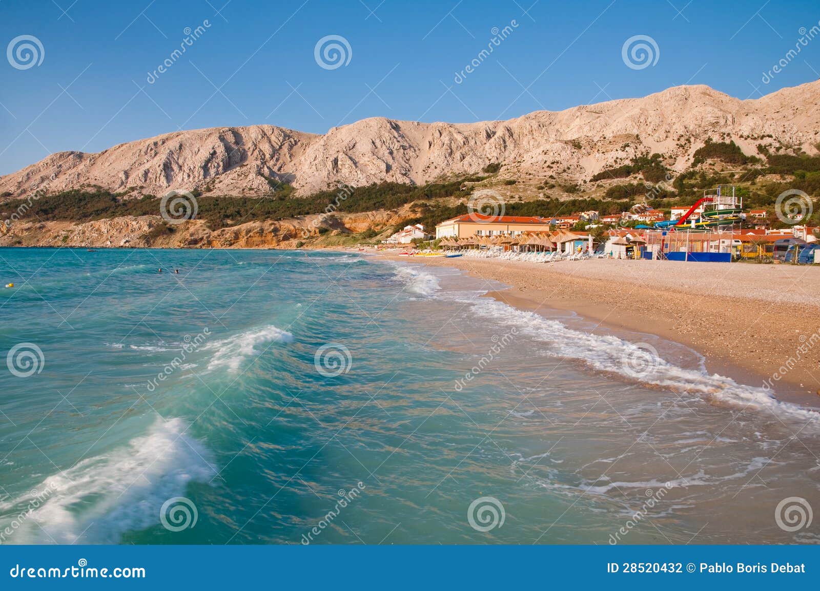 Waves on Sea and Touristic Beach at Baska - Krk Croatia Stock Photo ...