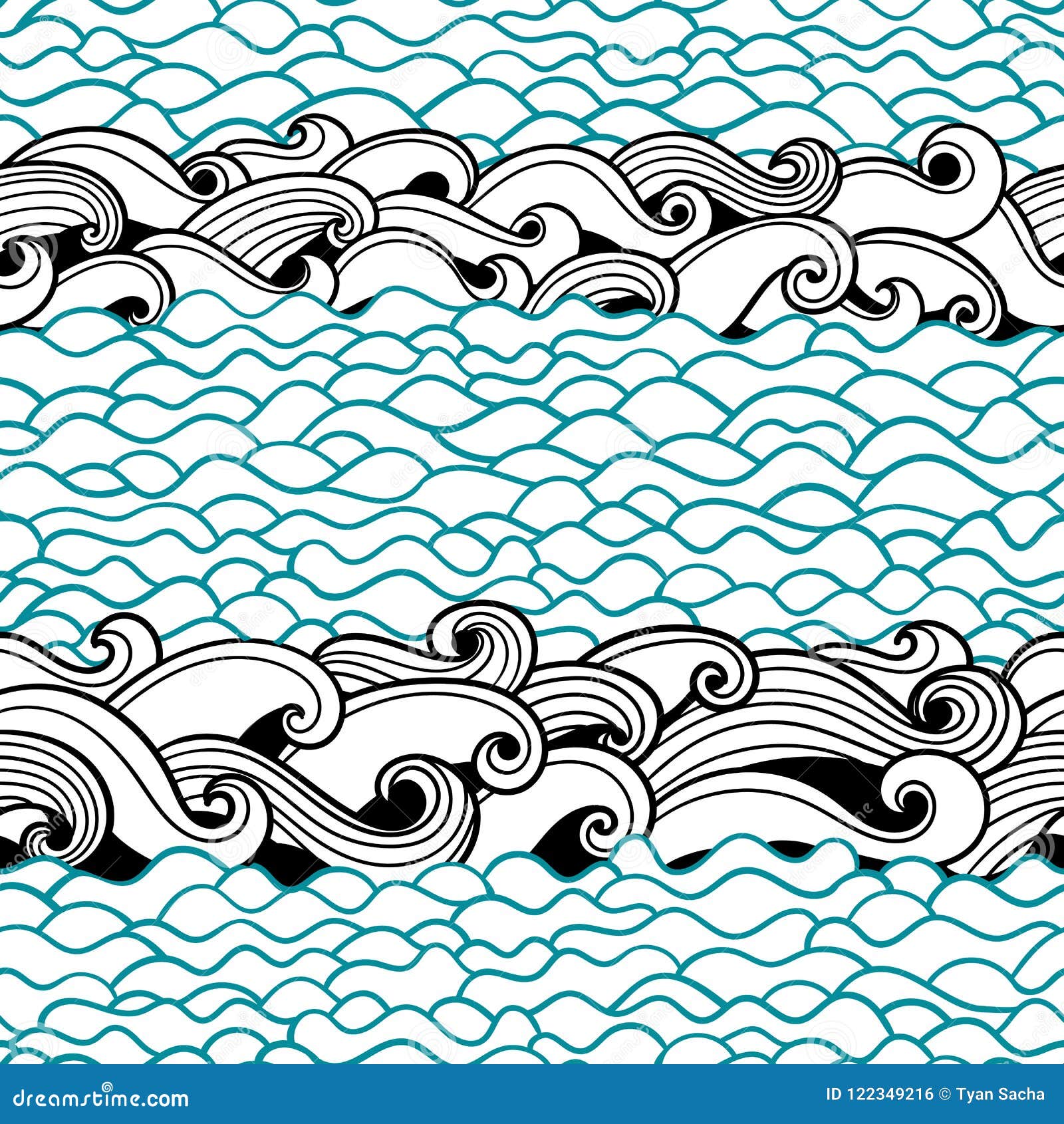 Waves Seamless Pattern. Vector Illustration with Curly Sea Waves Stock ...
