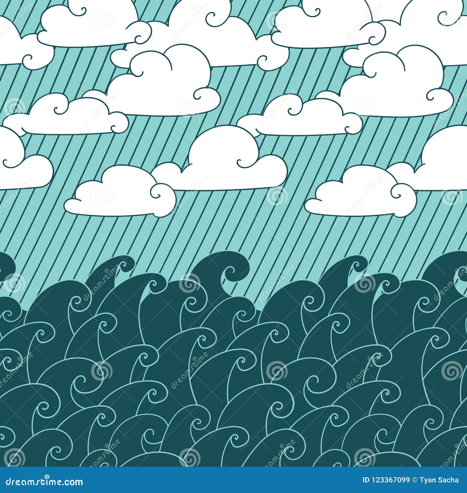 Waves Seamless Pattern. Vector Illustration with Sea Waves, Clouds and ...